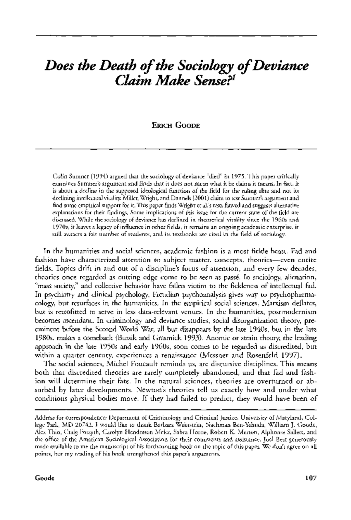 Goode - Is the Soc of Deviance Really Dead - Does the Death oft he ...