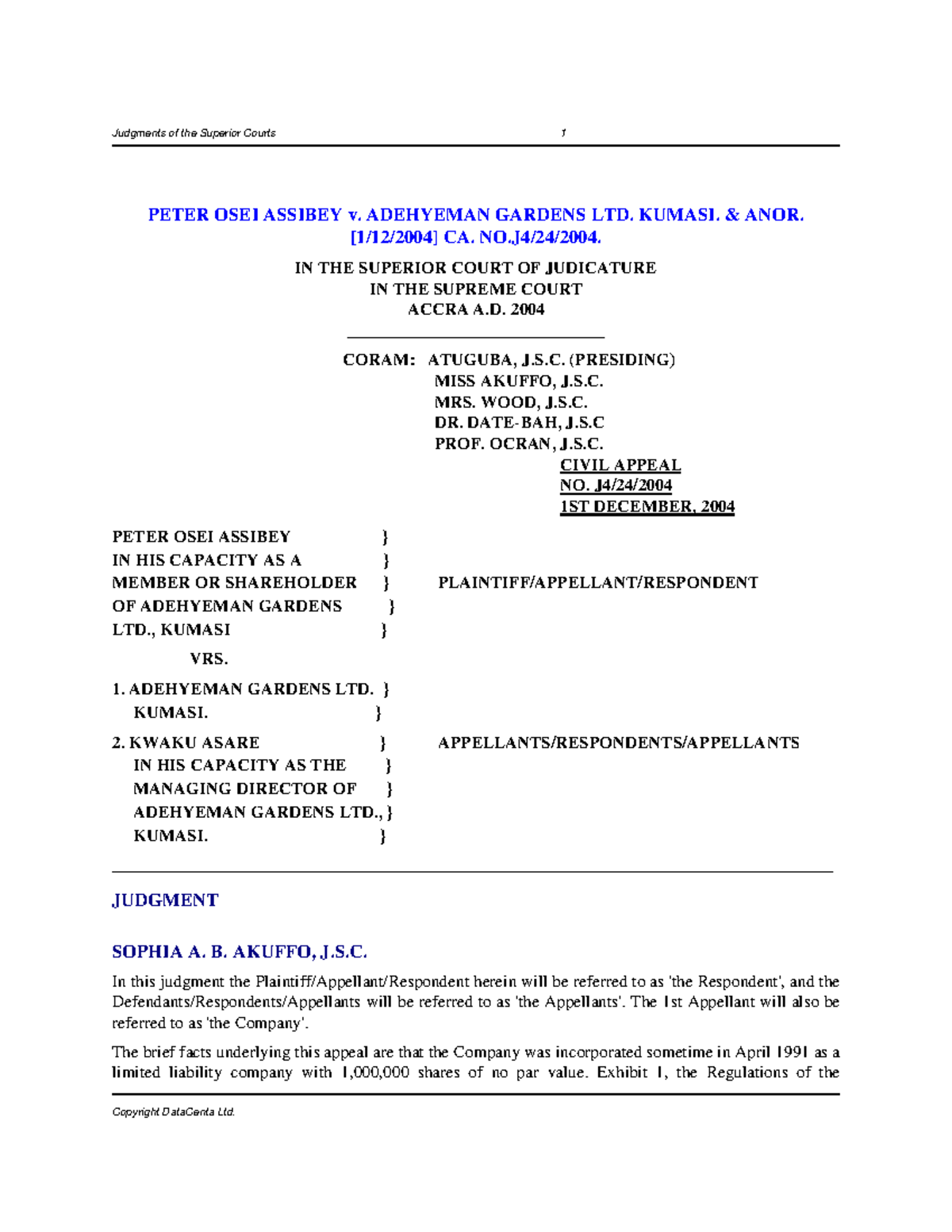 Peter OSEI Assibey v. Adehyeman Gardens LTD. Kumasi. & ANOR - company ...
