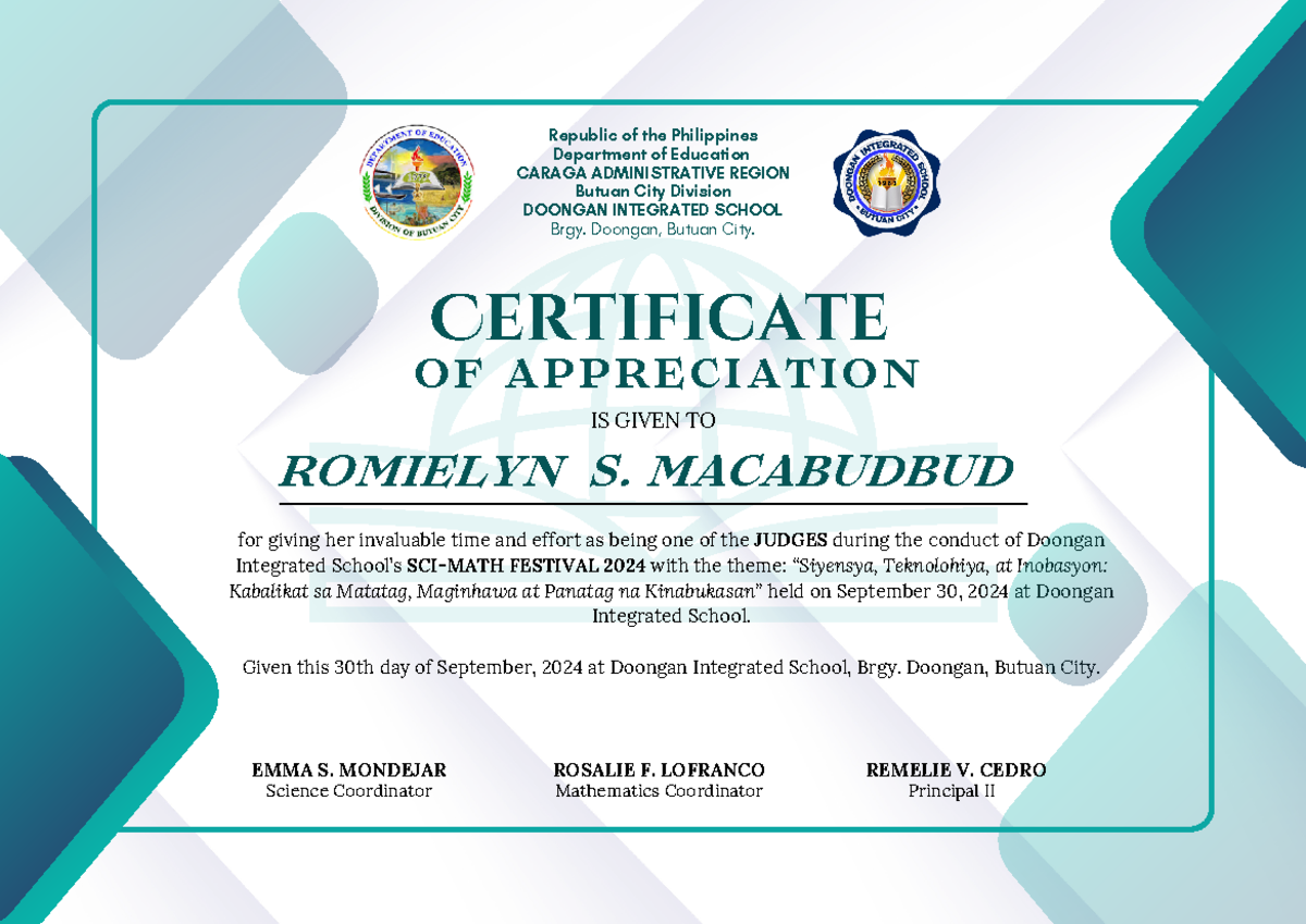 Sci-Math 2024 Certificates Judges 2 - Certificate ####### for giving ...