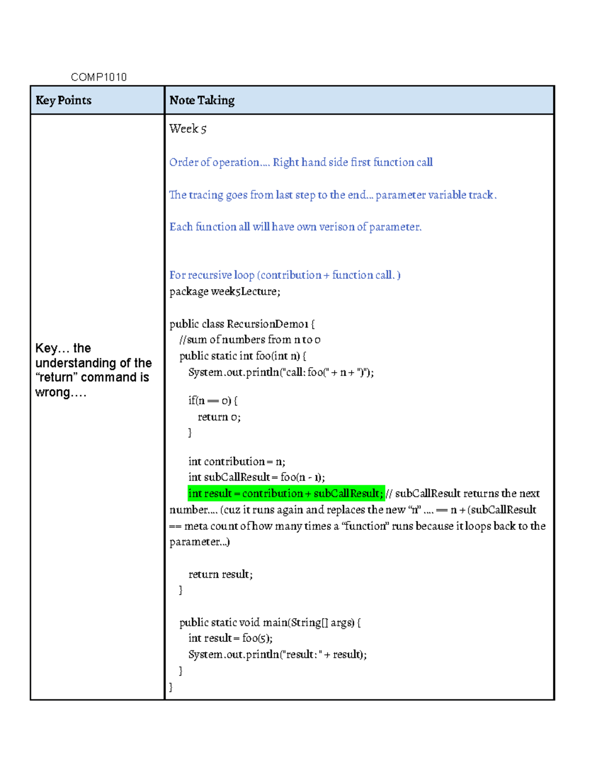 Comp1010 Week5 Recursive Loop N Some Week4 Comp Key Points Note Taking Key The