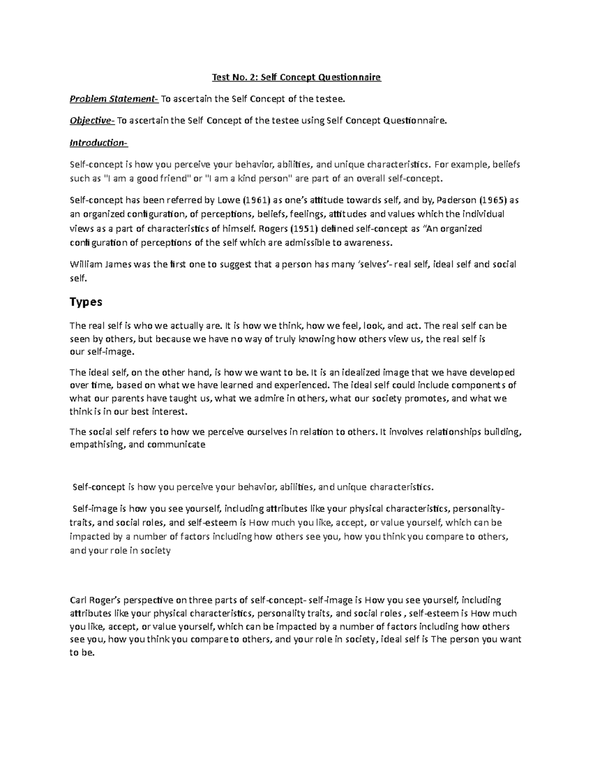 Self Concept Scale Harsh test 2 - Test No. 2: Self Concept ...