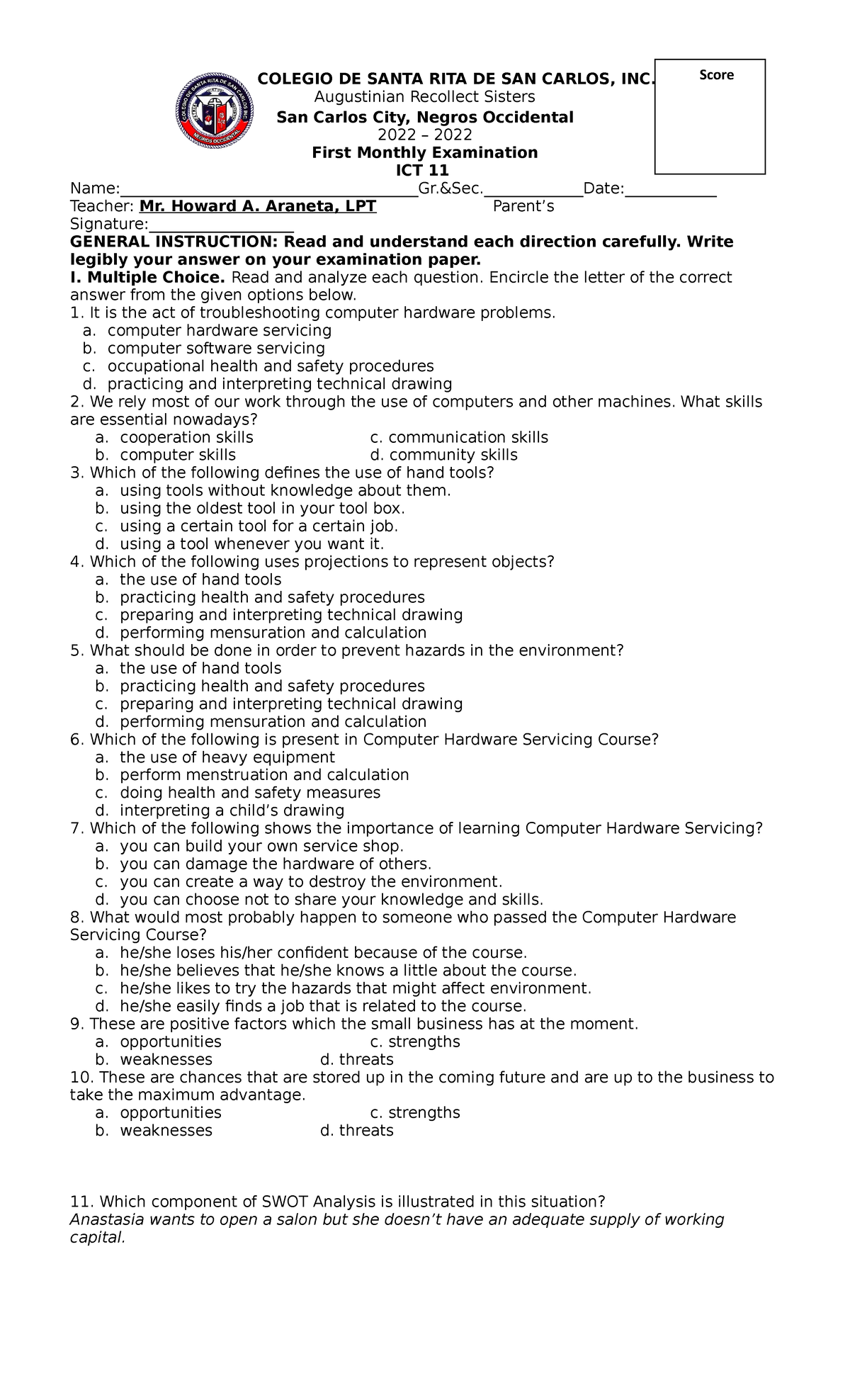 ICT 11 - ICT EXAM - COLEGIO DE SANTA RITA DE SAN CARLOS, INC ...