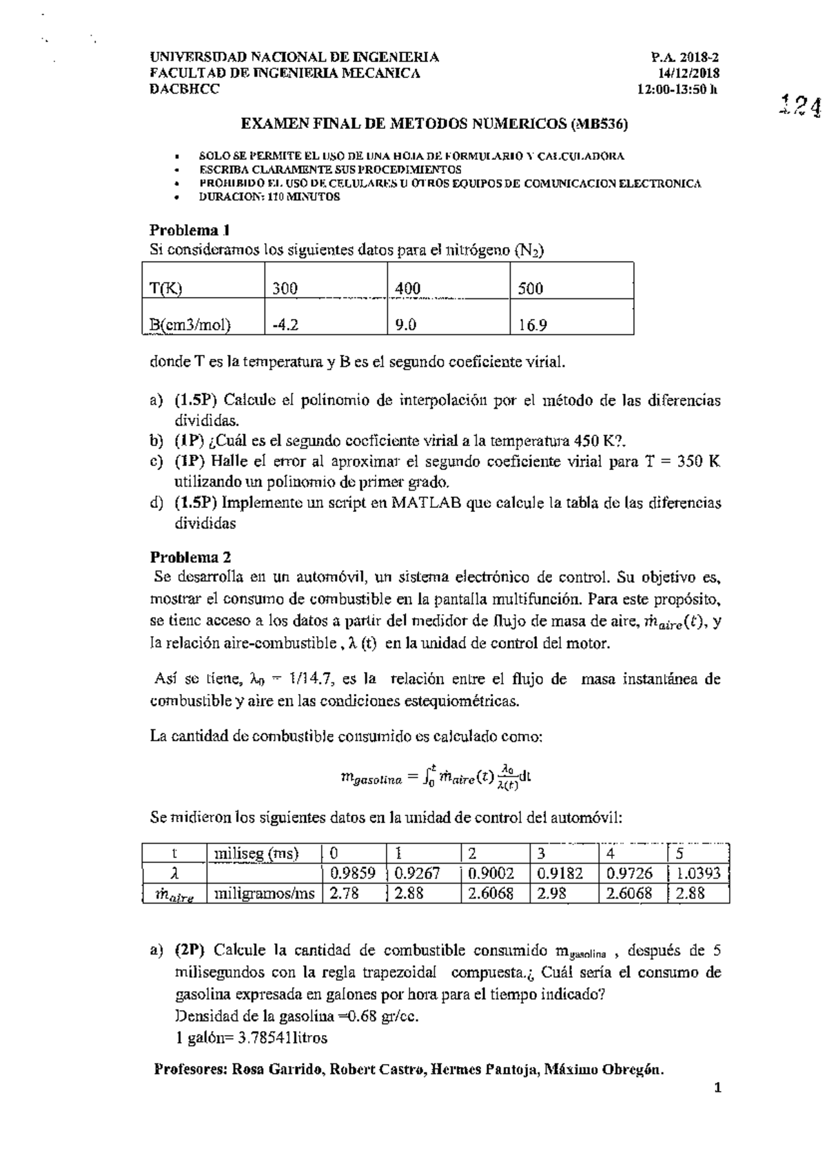 Examen Final de Métodos Numéricos - FACULTAD DE INGENIERIA MECÁNICA 14/12/ DACBHCC 12:00-13:50 h ...