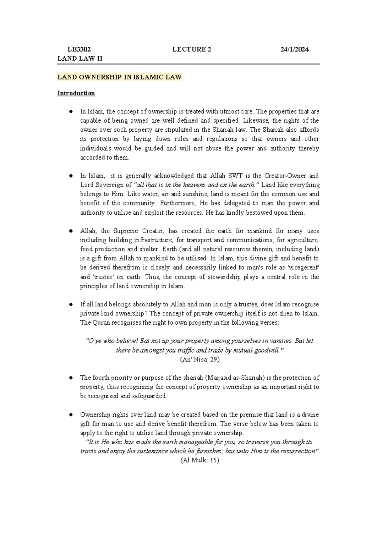[ LB3302 ] 2. Land Ownership in Islamic Law - LB3302 LECTURE 2 24/1 ...