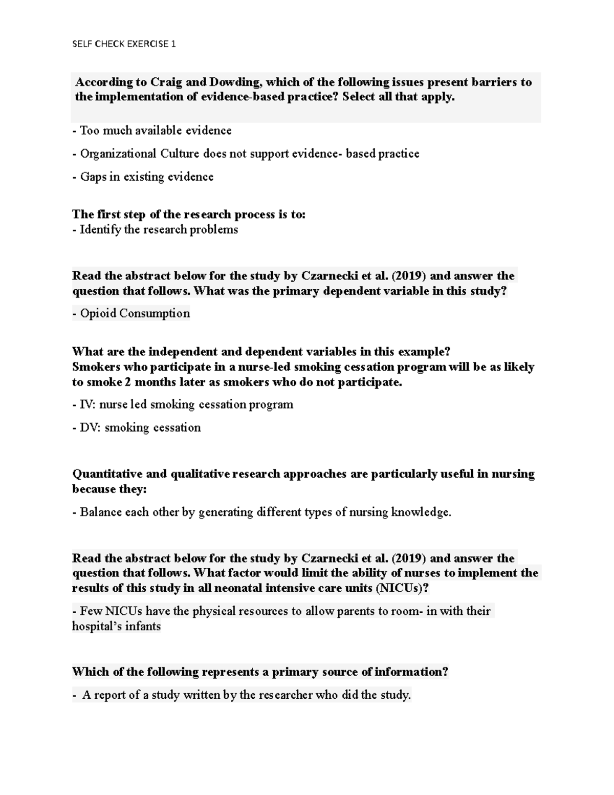 Self Check Exercise 1 Answers - SELF CHECK EXERCISE 1 According to ...