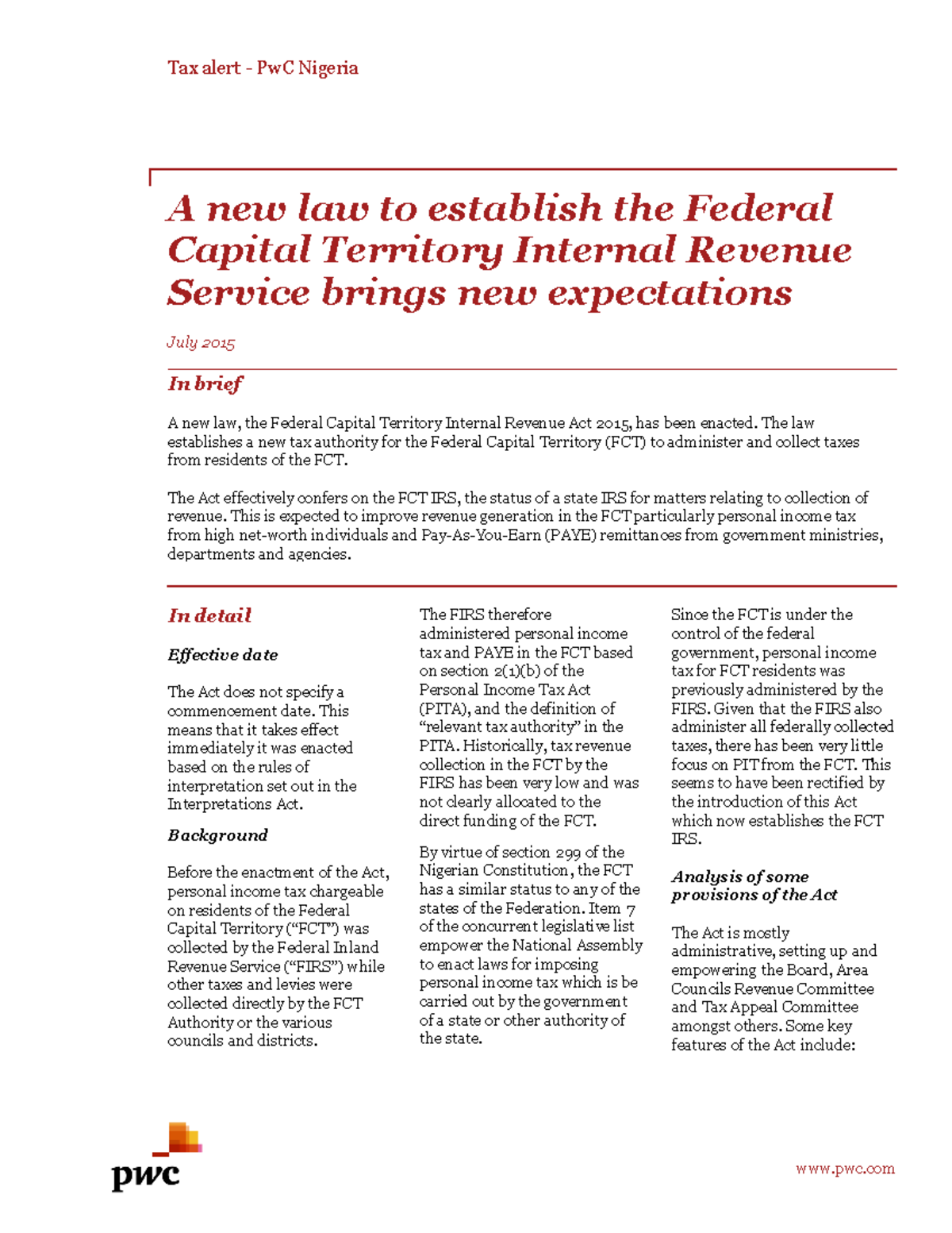 Fct-irs-tax-alert july-2015 - Tax alert - PwC Nigeria pwc A new law to ...