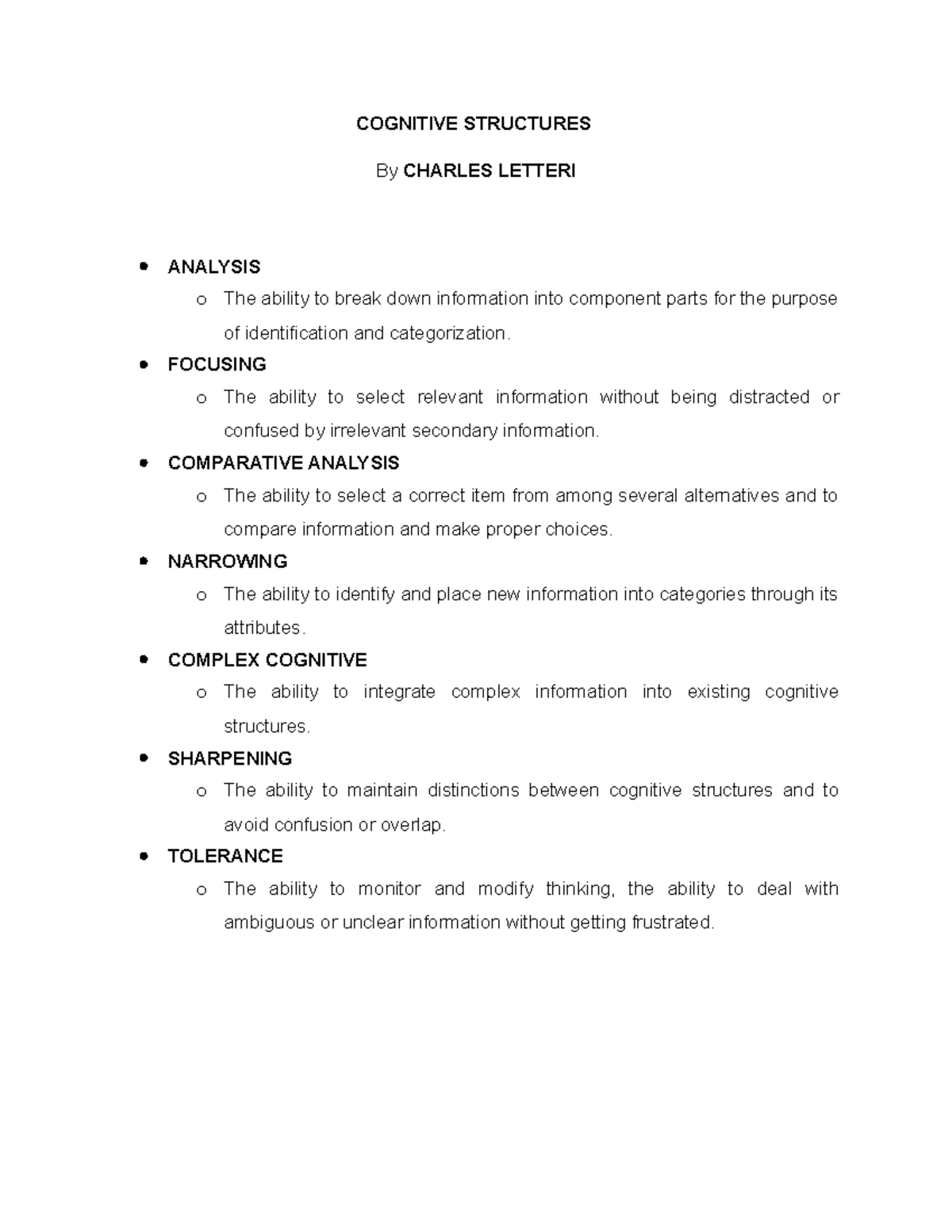 Cognitive Structures - Lecture notes 1 - Education - Studocu