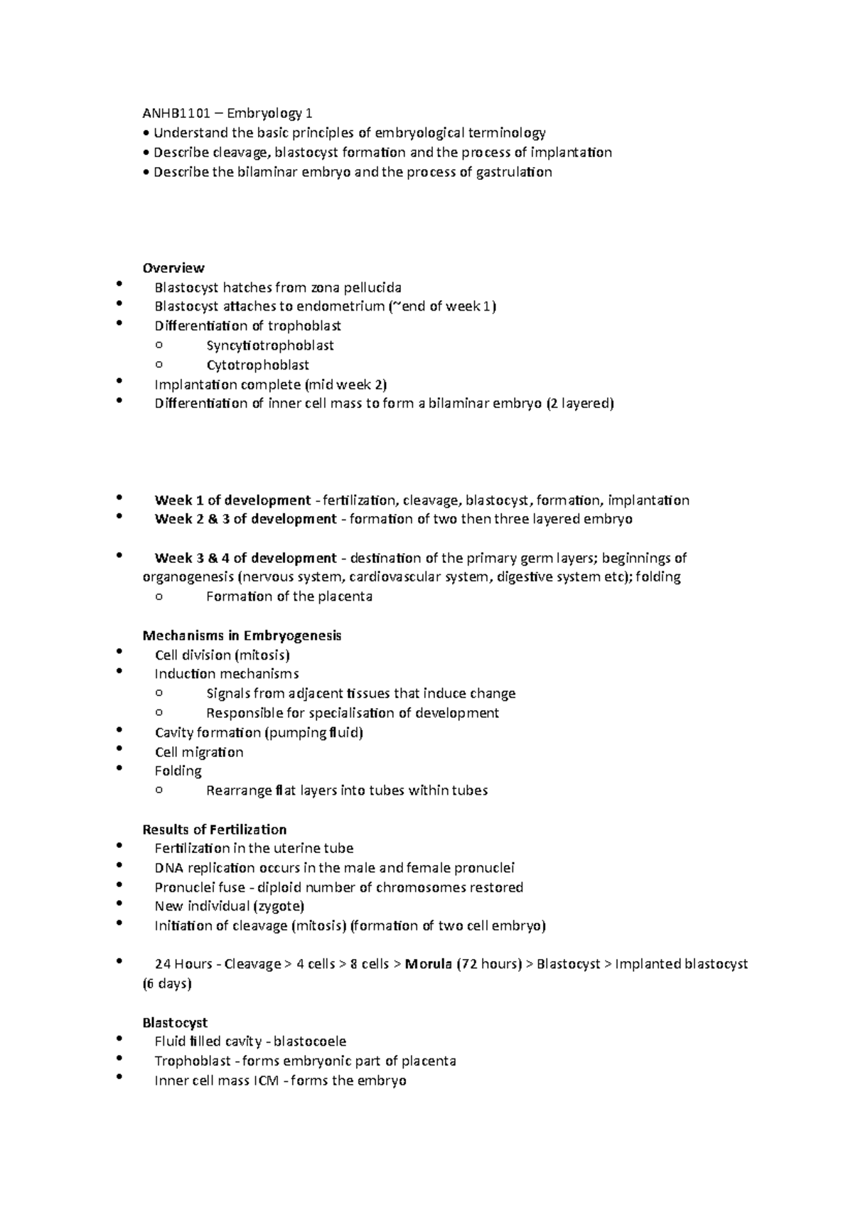 ANHB1101 Embryology 1 Notes - ANHB1101 – Embryology 1 • Understand the ...