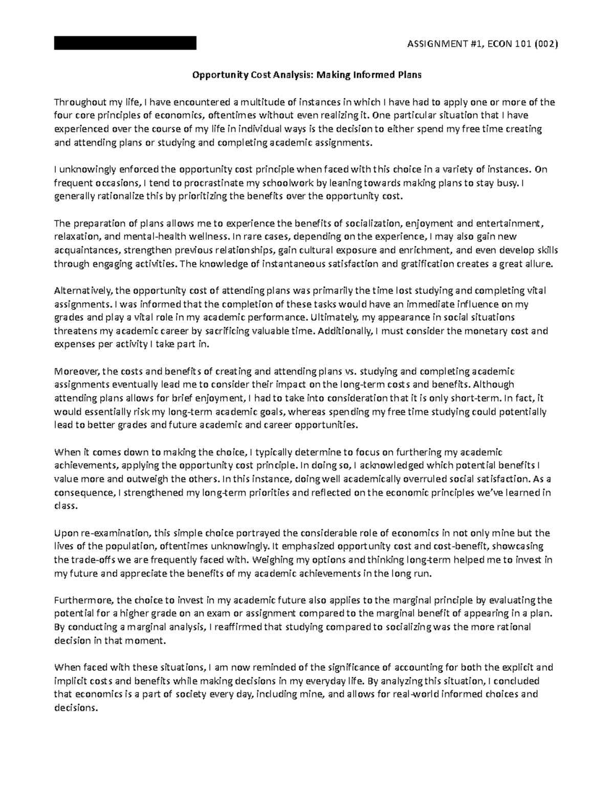 Assignment Number One - STUDENT NAME AND NUMBER ASSIGNMENT #1, ECON 101 ...