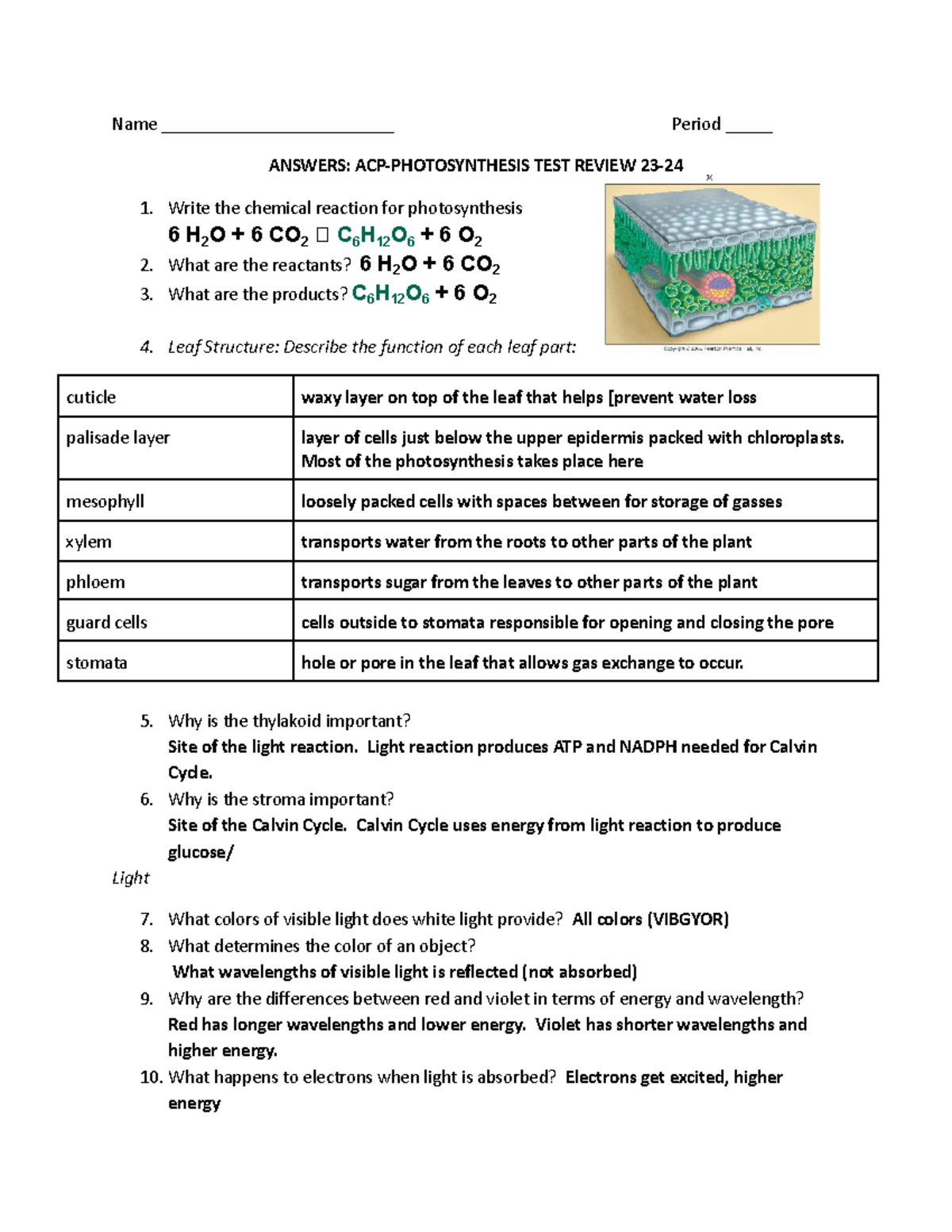 Answers ACP Photosynthesis TEST Review 23-24 - Name ...