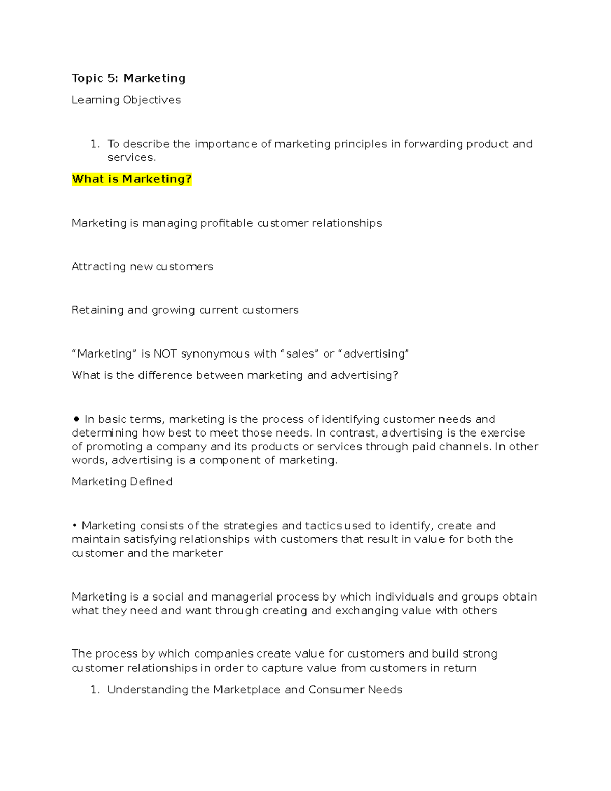 Entrepreneurship - Marketing - Topic 5: Marketing Learning Objectives 1 ...