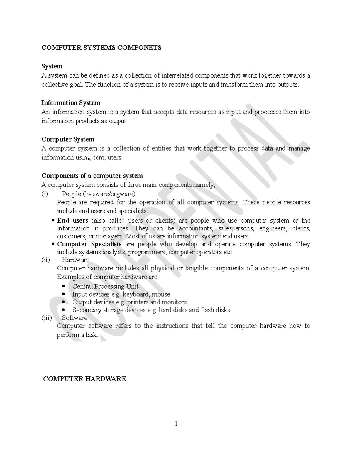 Computer System Components Computer Systems Componets System A System Can Be Defined As A