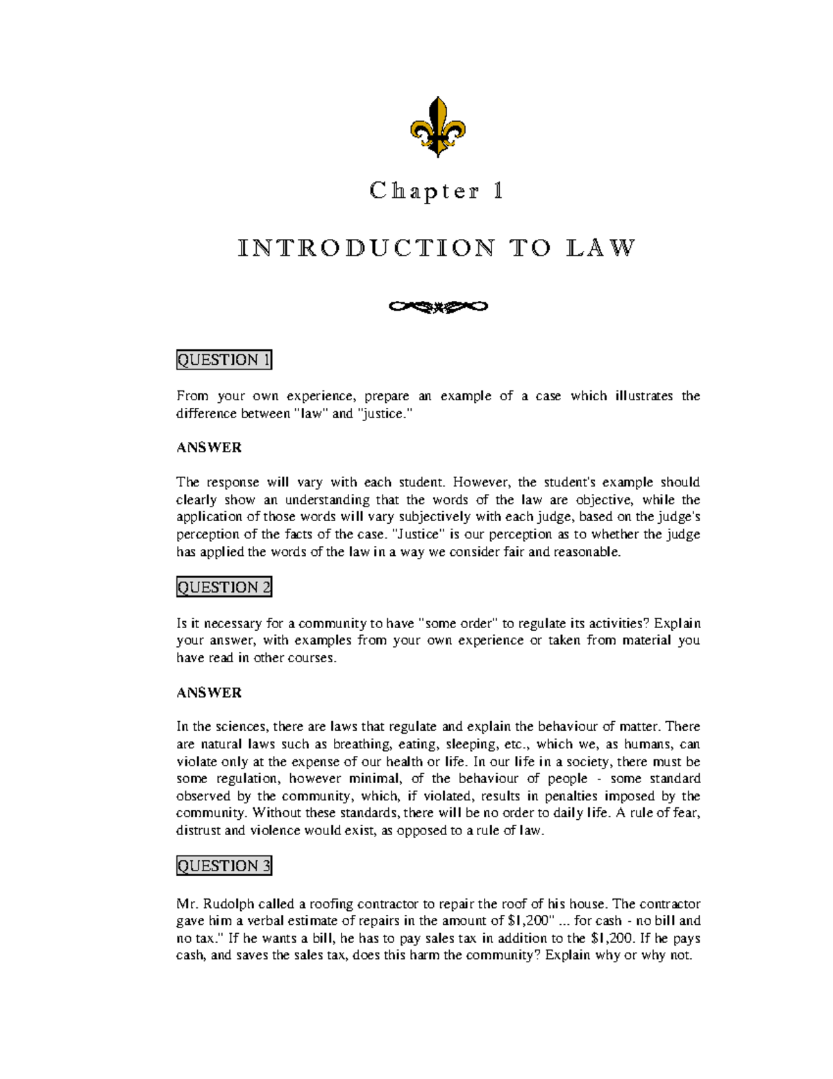 QUESTIONS AND ANSWERS TO TEXTBOOK CHAPTERS - C h a p t e r 1 I N T R O D U C T I O N T O L A W ...