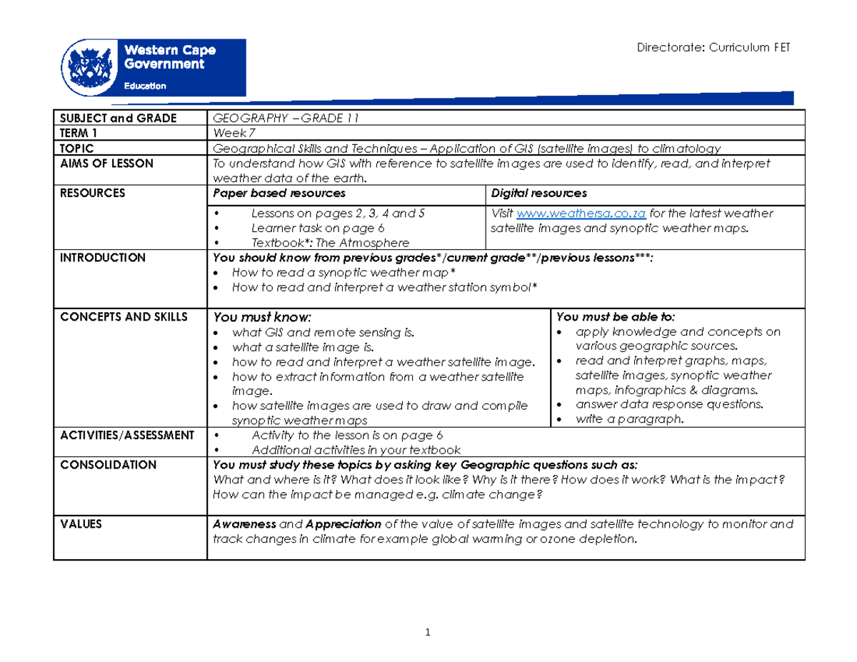 Geography Grade 11 Term 1 Week 7 2021 Directorate Curriculum FET