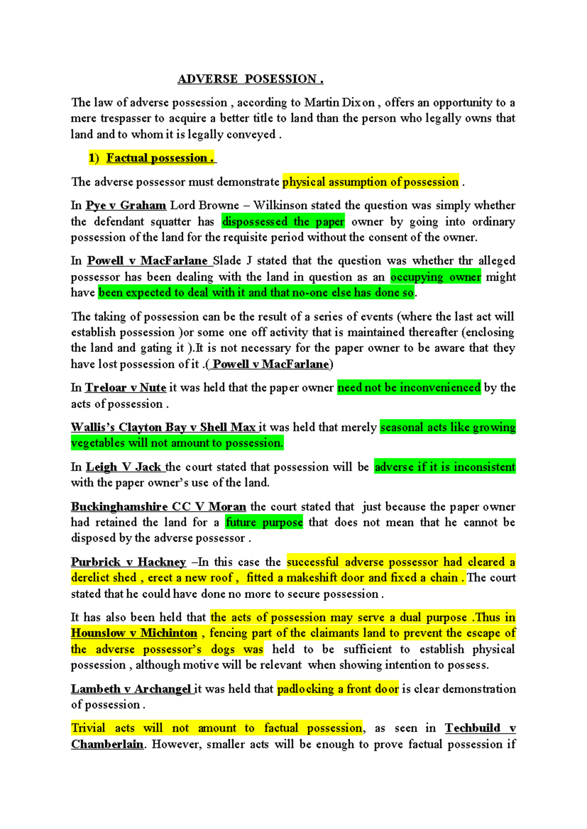 Adverse possession final note - ADVERSE POSESSION. The law of adverse ...