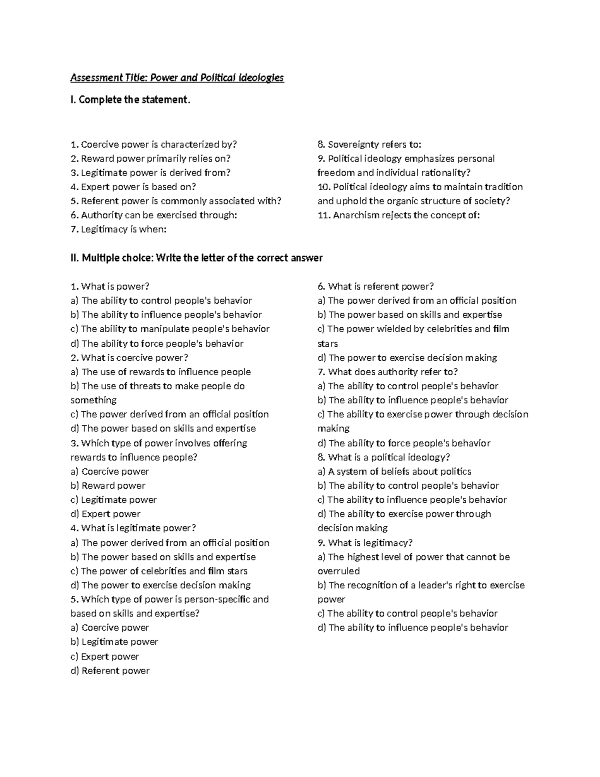 Assessment Title power and ideology with answer - Assessment Title ...