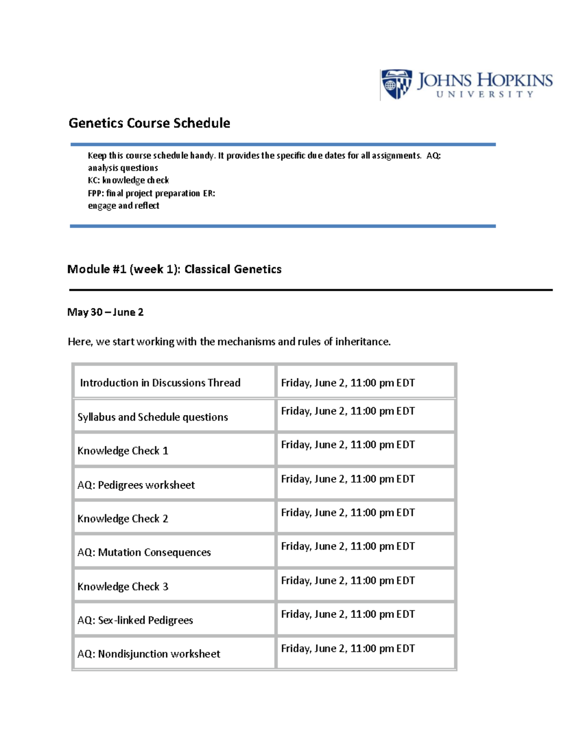 Summer at Hopkins Programs Course Schedule Genetics Su23 - AS.020.303 ...