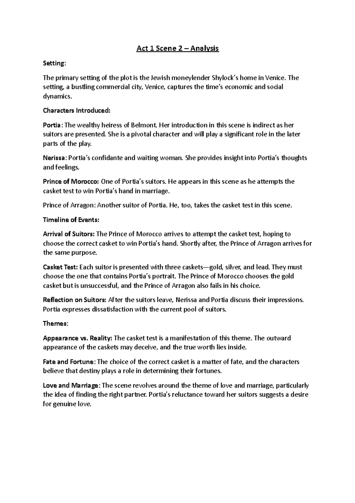 Act 1 Scene 2 - Analysis (Merchant of Venice) - Act 1 Scene 2 ...