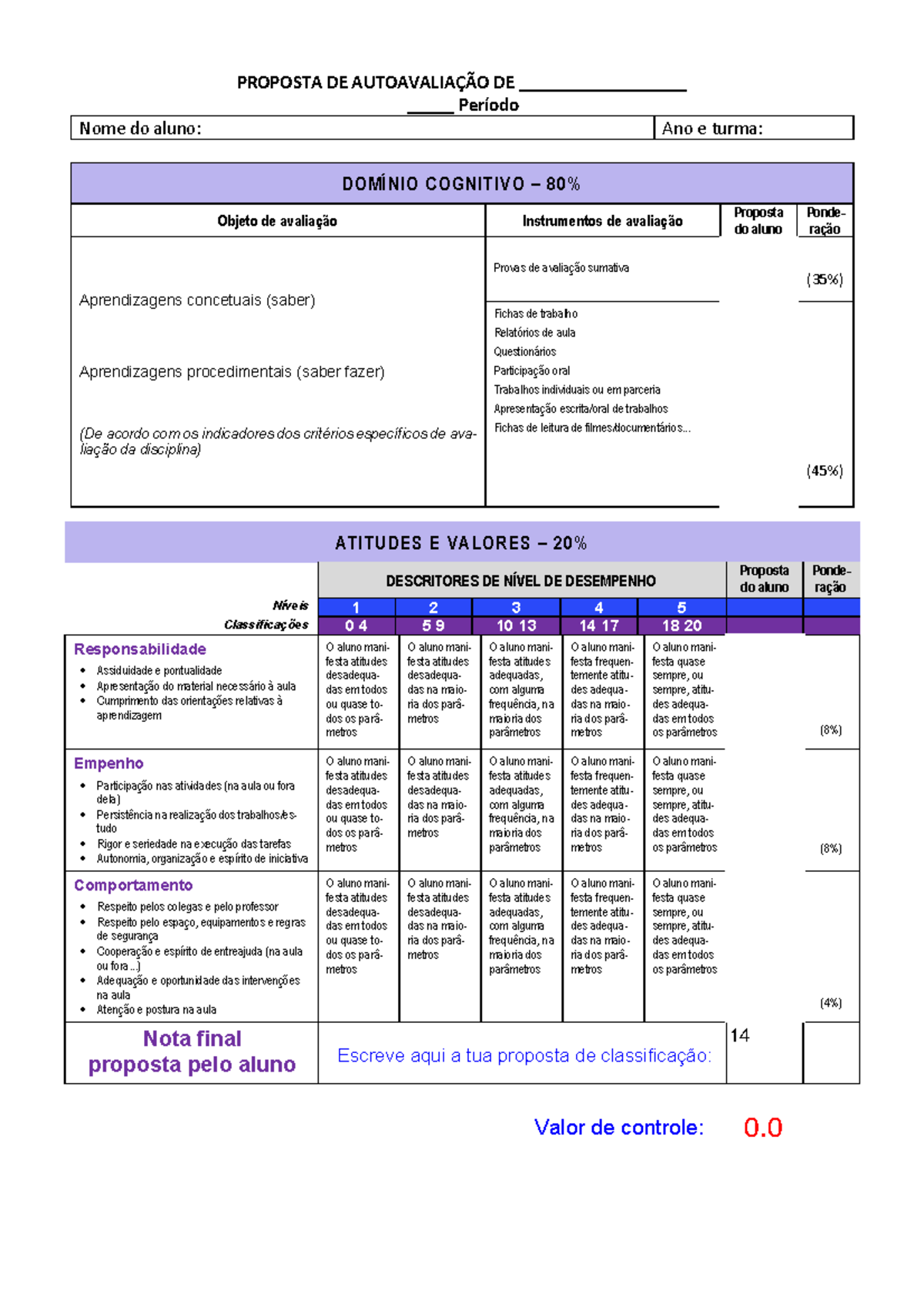 12A3 -Ficha de autoavaliação - 1º período - 2023-24 - PROPOSTA DE ...