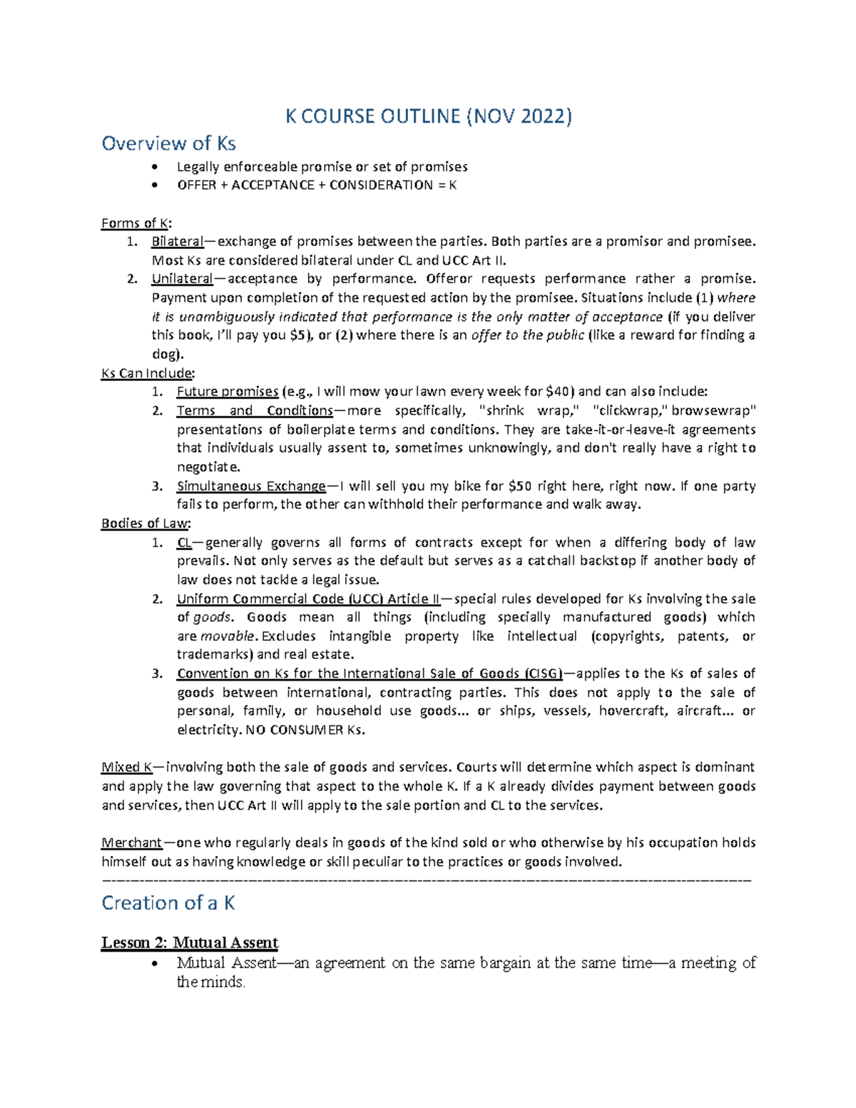K Course Outline - K COURSE OUTLINE (NOV 2022) Overview of Ks Legally ...