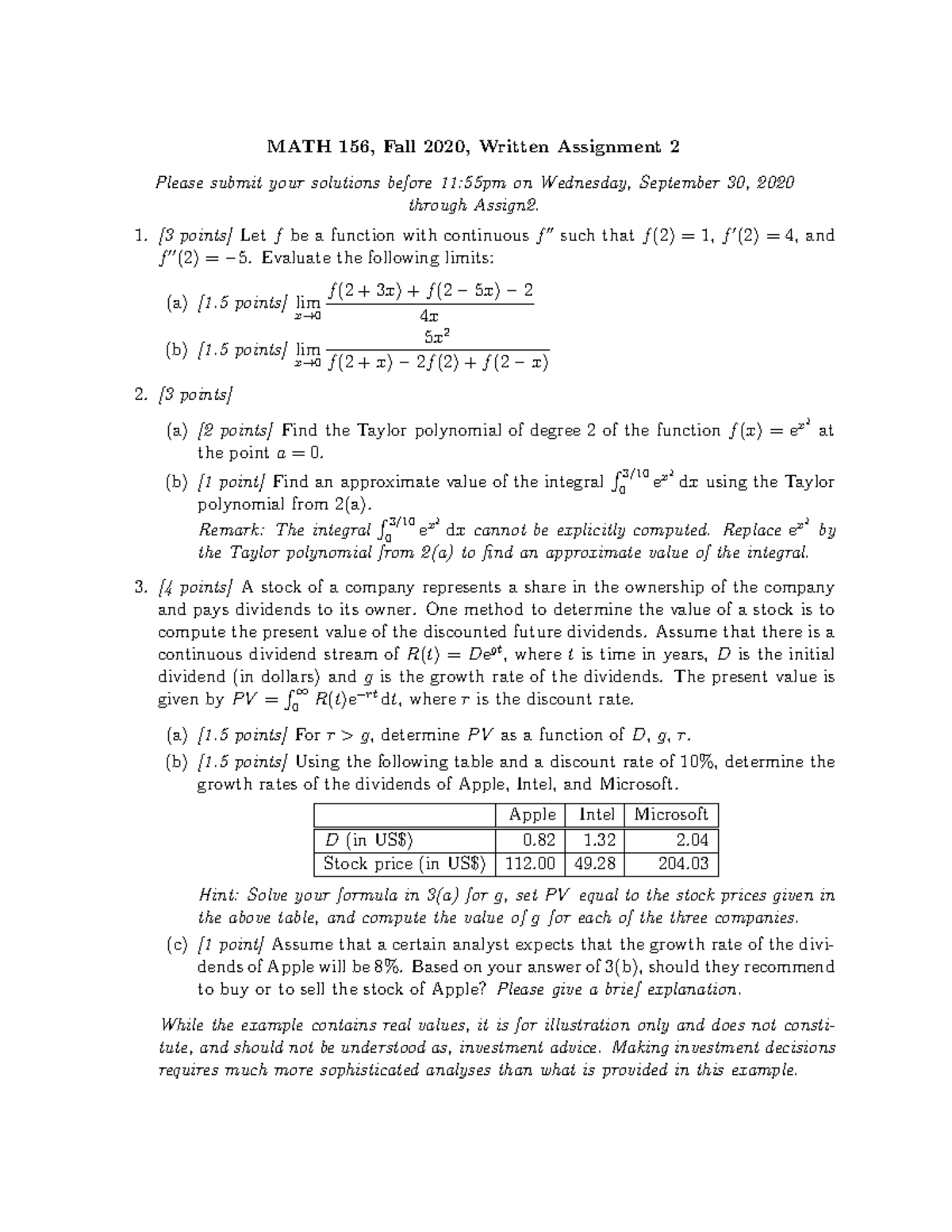MATH156Written Assignment 2 - MATH 156, Fall 2020, Written Assignment 2 ...