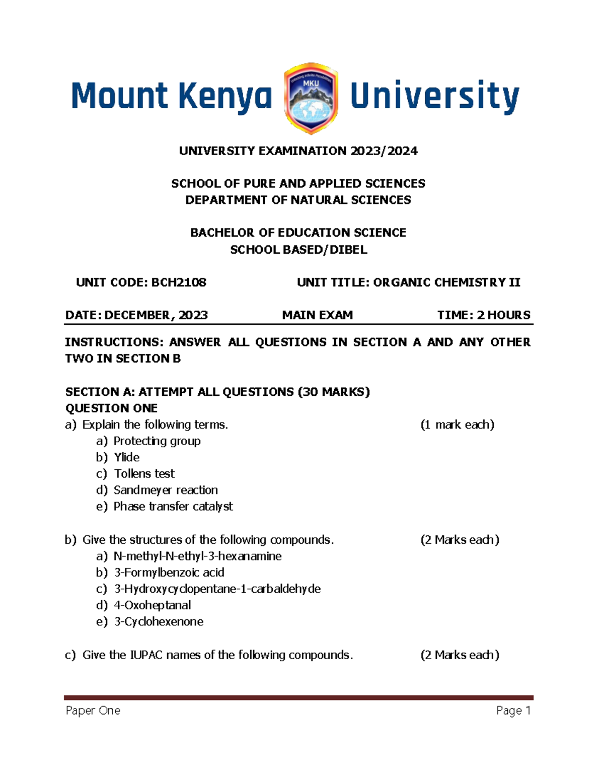 Organic chem 2 past papers - Paper One Page 1 UNIVERSITY EXAMINATION ...
