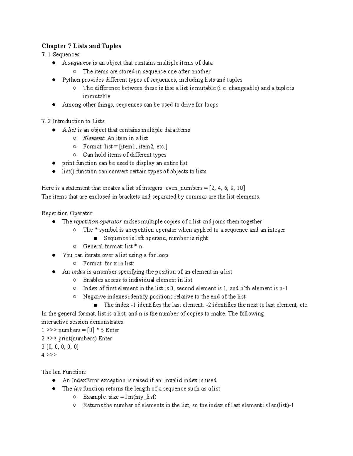 Final python notes - Chapter 7 Lists and Tuples 1 Sequences: A sequence ...
