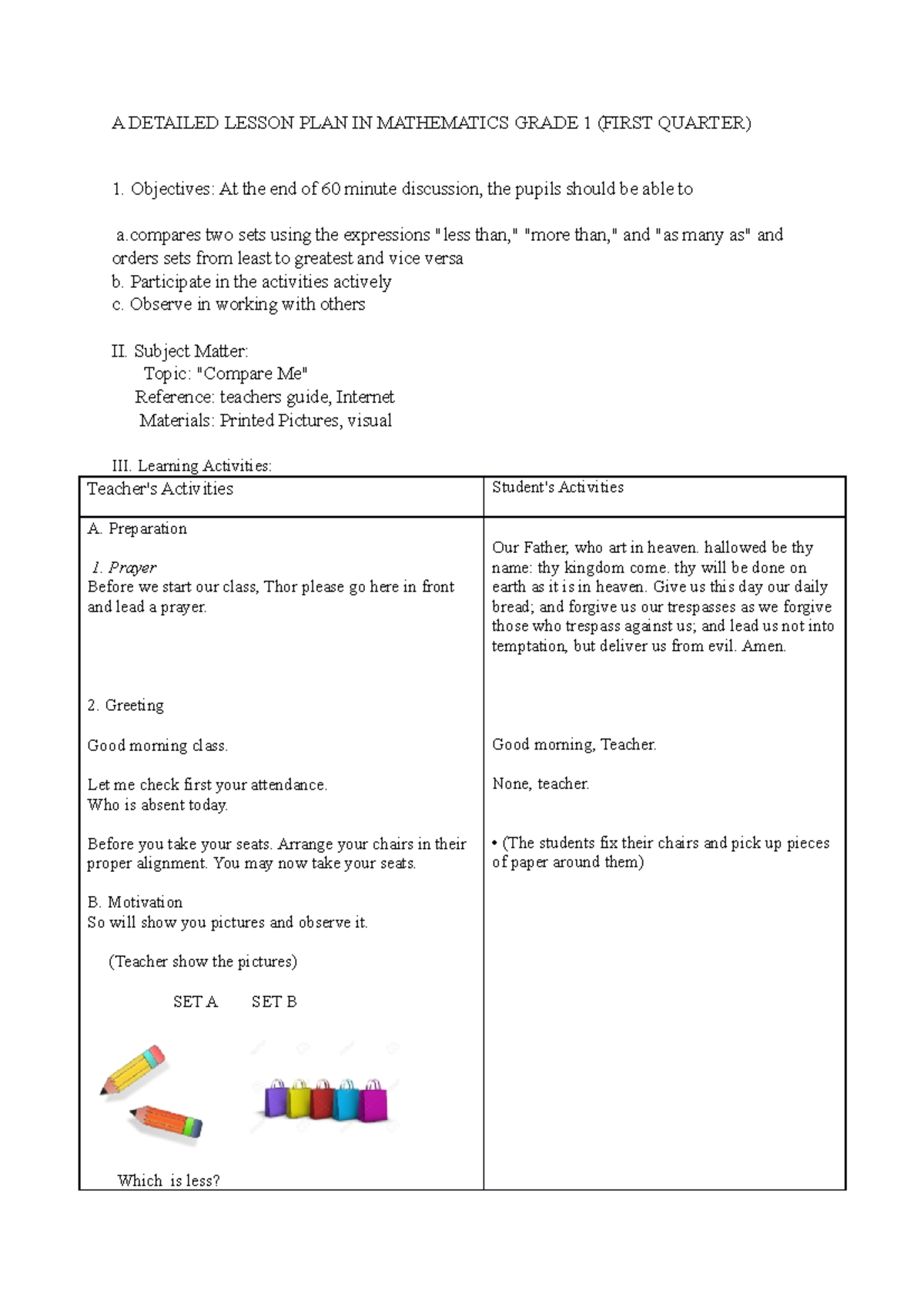 MATH DLP Noe A DETAILED LESSON PLAN IN MATHEMATICS GRADE 1 FIRST