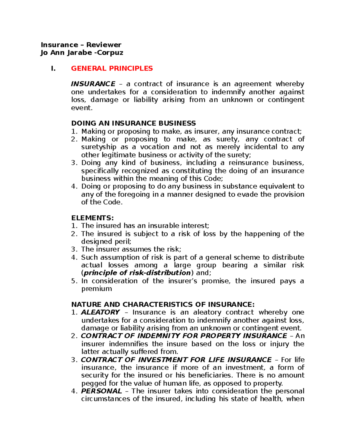 Insurance Notes - Insurance – Reviewer Jo Ann Jarabe -Corpuz I. GENERAL ...