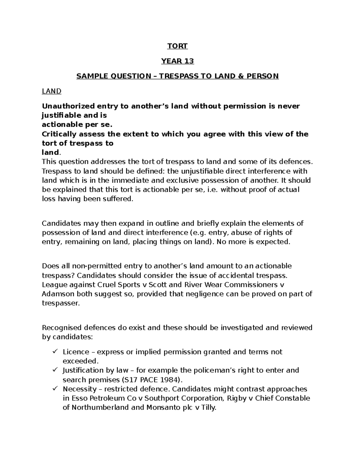 Sample Question - Trespass TO LAND & Person - TORT YEAR 13 SAMPLE QUESTION – TRESPASS TO LAND ...