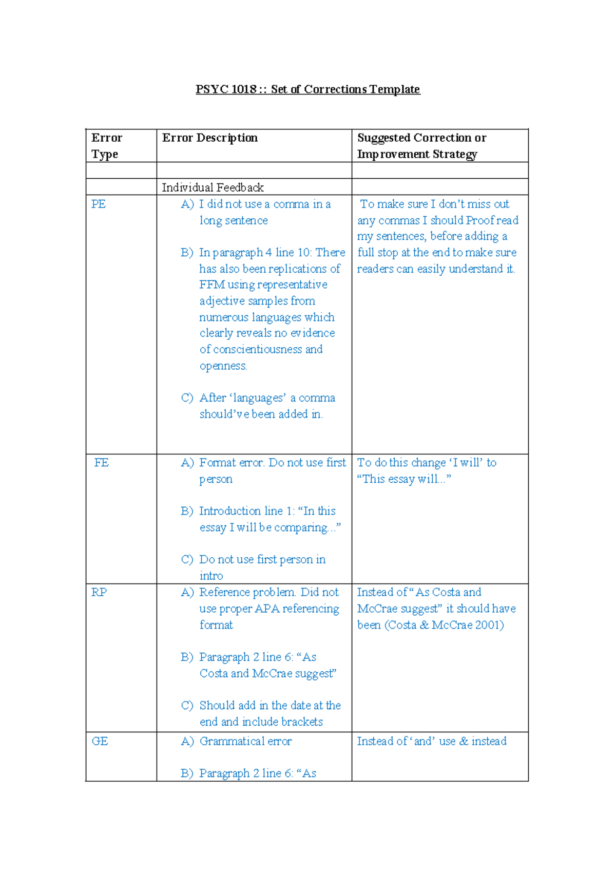 Correction sheet- 33045348 - PSYC 1018 :: Set of Corrections Template ...