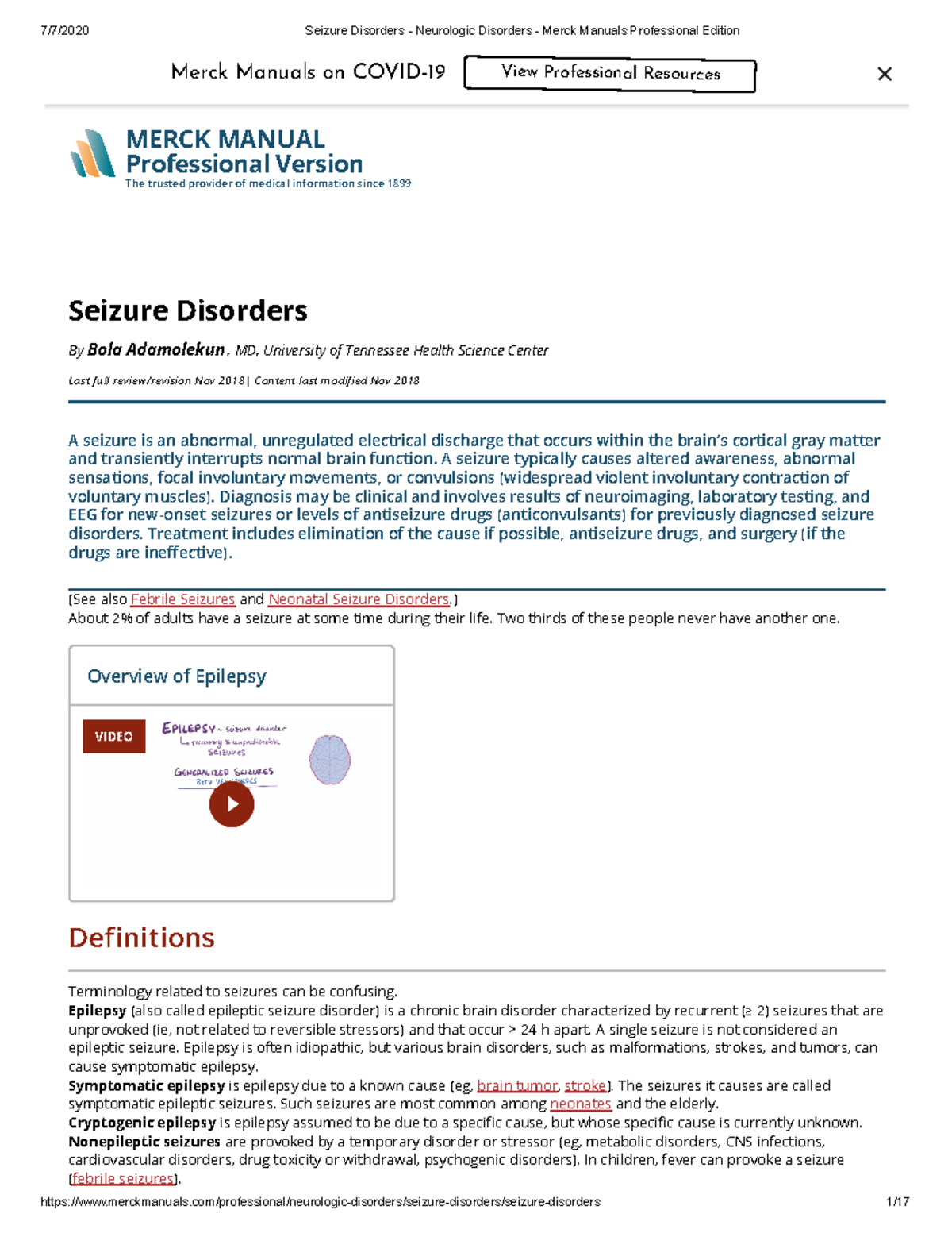 Seizure Disorders - Neurologic Disorders - Merck Manuals Professional ...