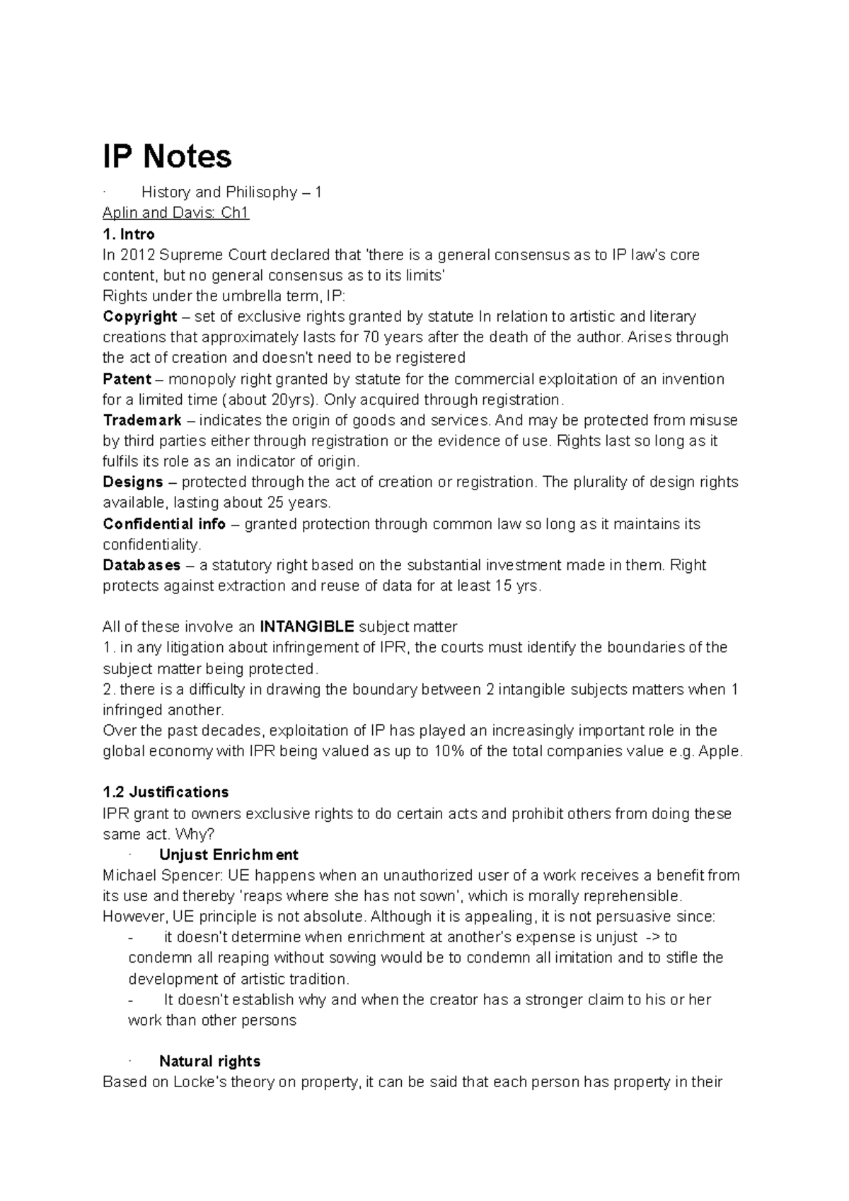 Chapter 1 - Summary Intellectual Property - IP Notes · History and ...