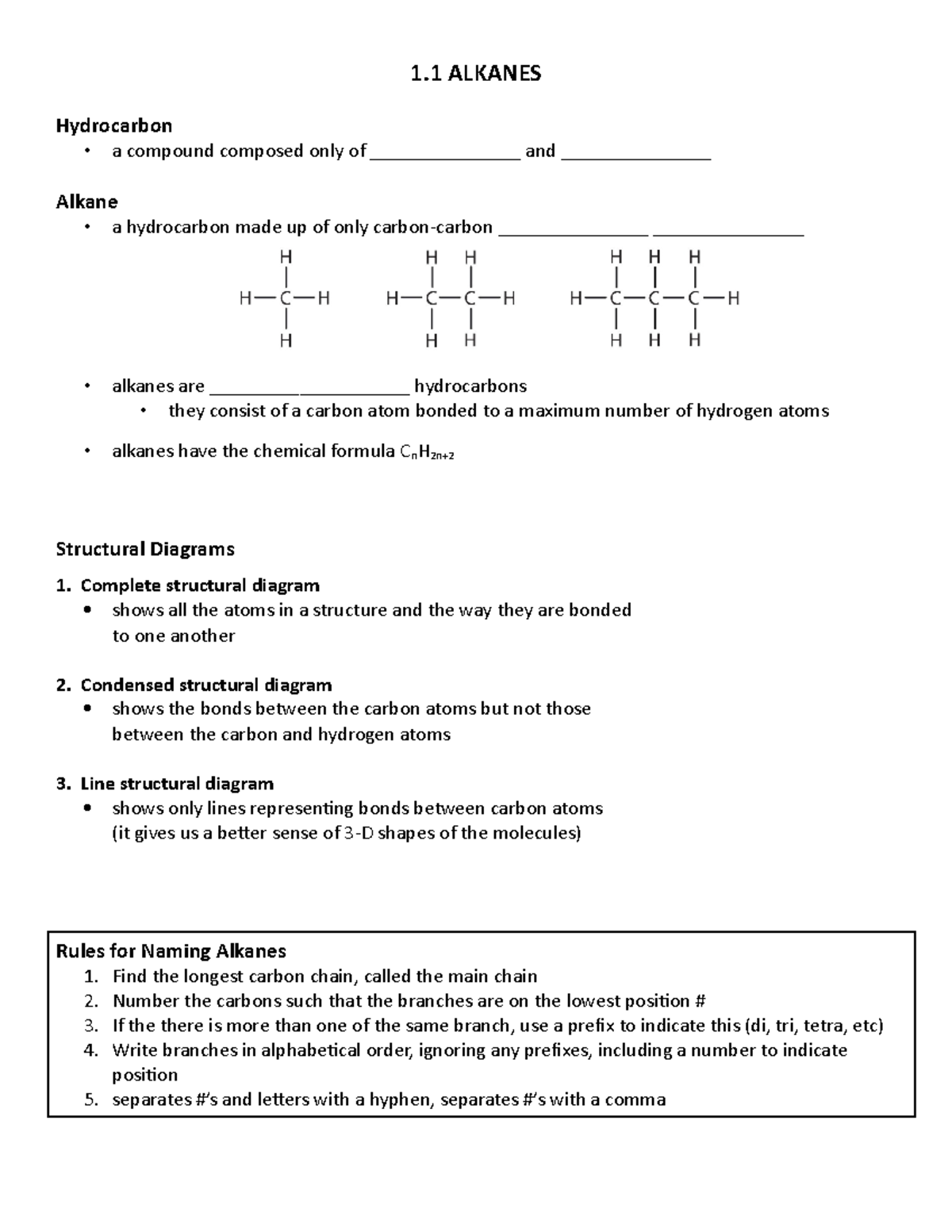 1.1 Alkanes - lecture 1 document - 1 ALKANES Hydrocarbon a compound ...