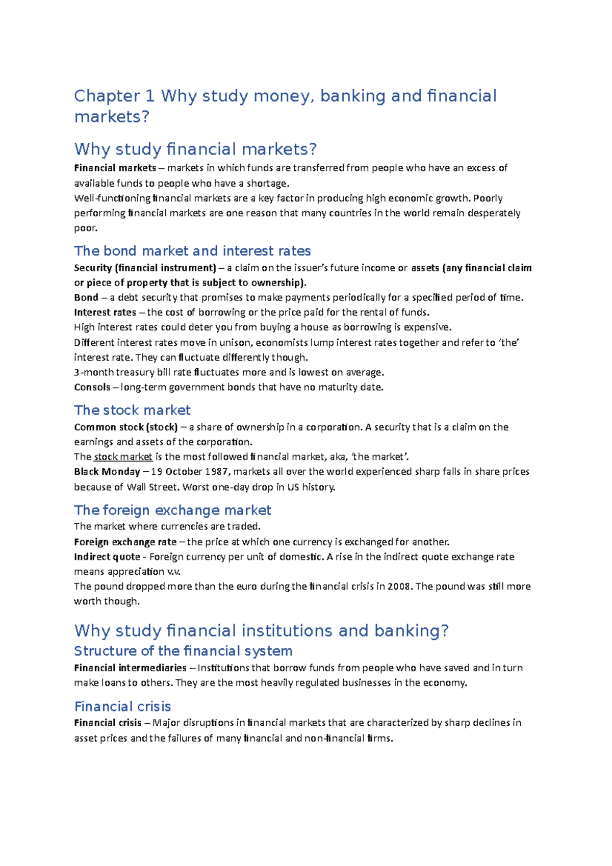 Banking Chapter 1 - Chapter 1 Why study money, banking and financial markets? Why study ...
