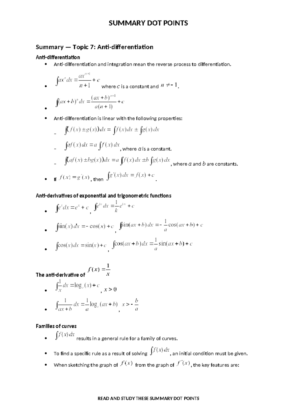 Summary Dot Points - Topic 7 - SUMMARY DOT POINTS Summary — Topic 7: Anti-differentiation - Studocu