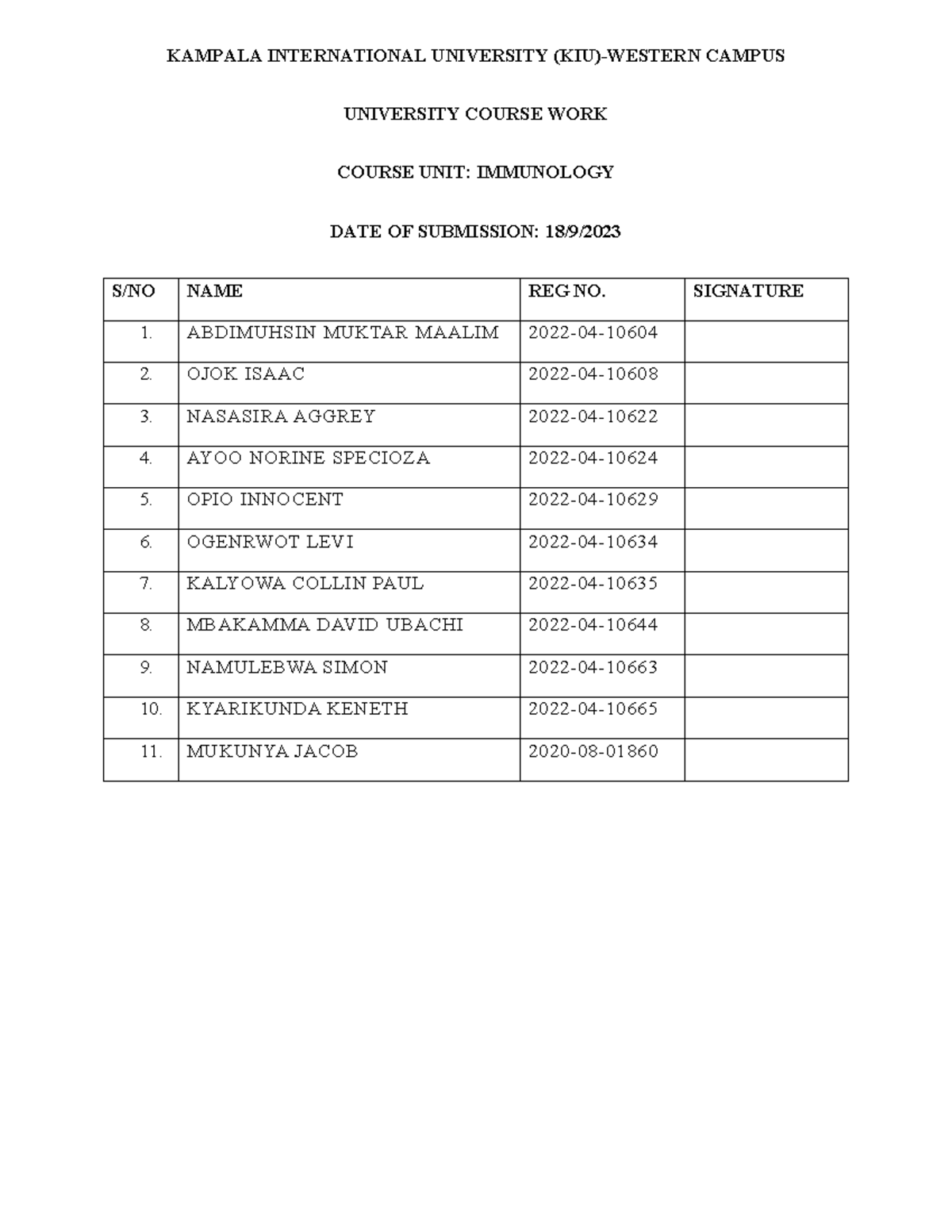 Immunology course work - KAMPALA INTERNATIONAL UNIVERSITY (KIU)-WESTERN ...