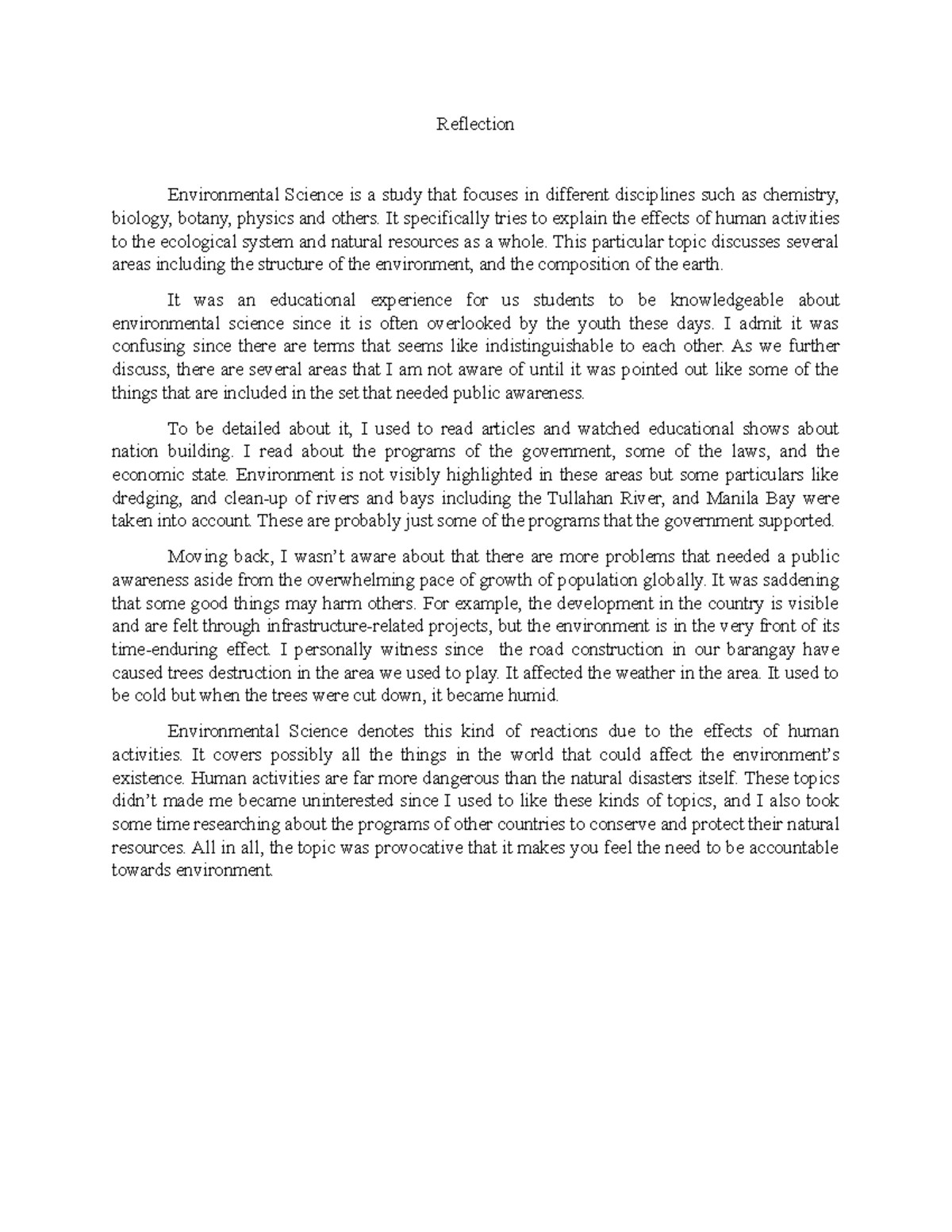 Environmental Science - Reflection Environmental Science is a study ...