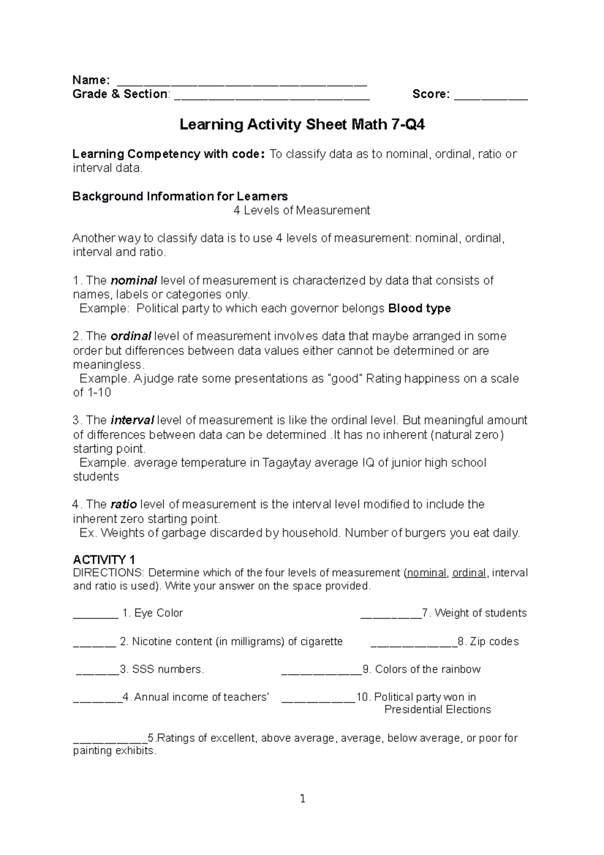 MATH 7 Q4 Activitysheetperformance Task 1 WK1-2 - Name