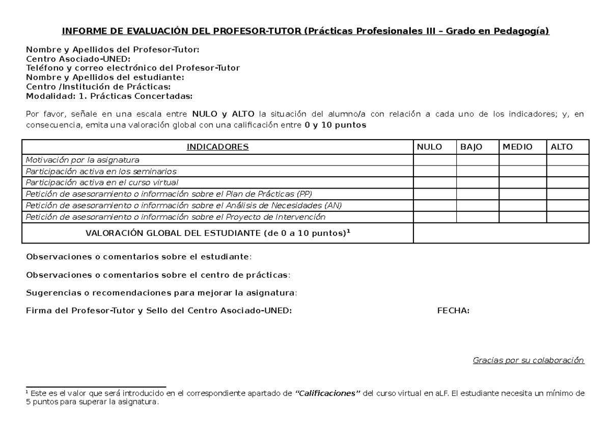 Modelo Informe Profesor Tutor - INFORME DE EVALUACIÓN DEL PROFESOR-TUTOR (Prácticas ...