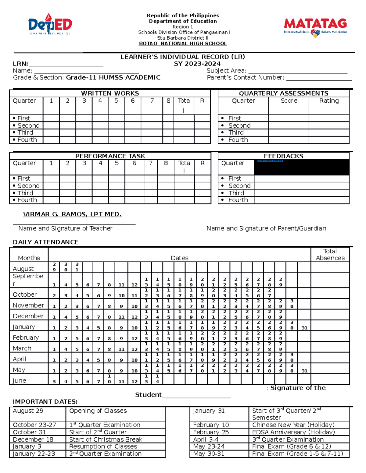 Individual Learner's Record (LR) - Republic of the Philippines Schools ...