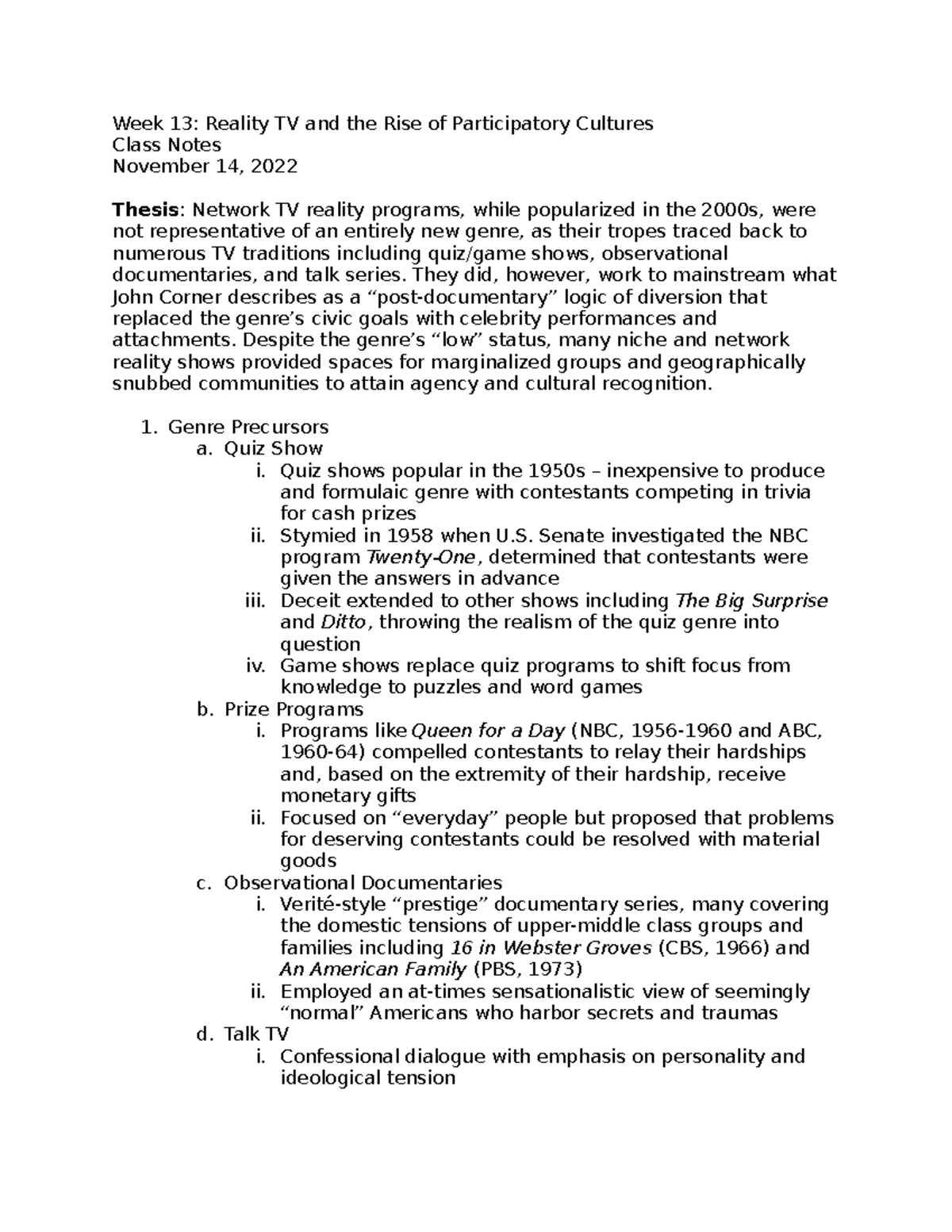 Week 13 Notes - Week 13: Reality TV and the Rise of Participatory ...