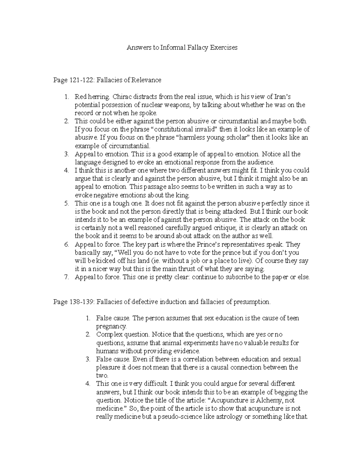 Answers to Informal Fallacy Exercises 2012 - Answers to Informal ...