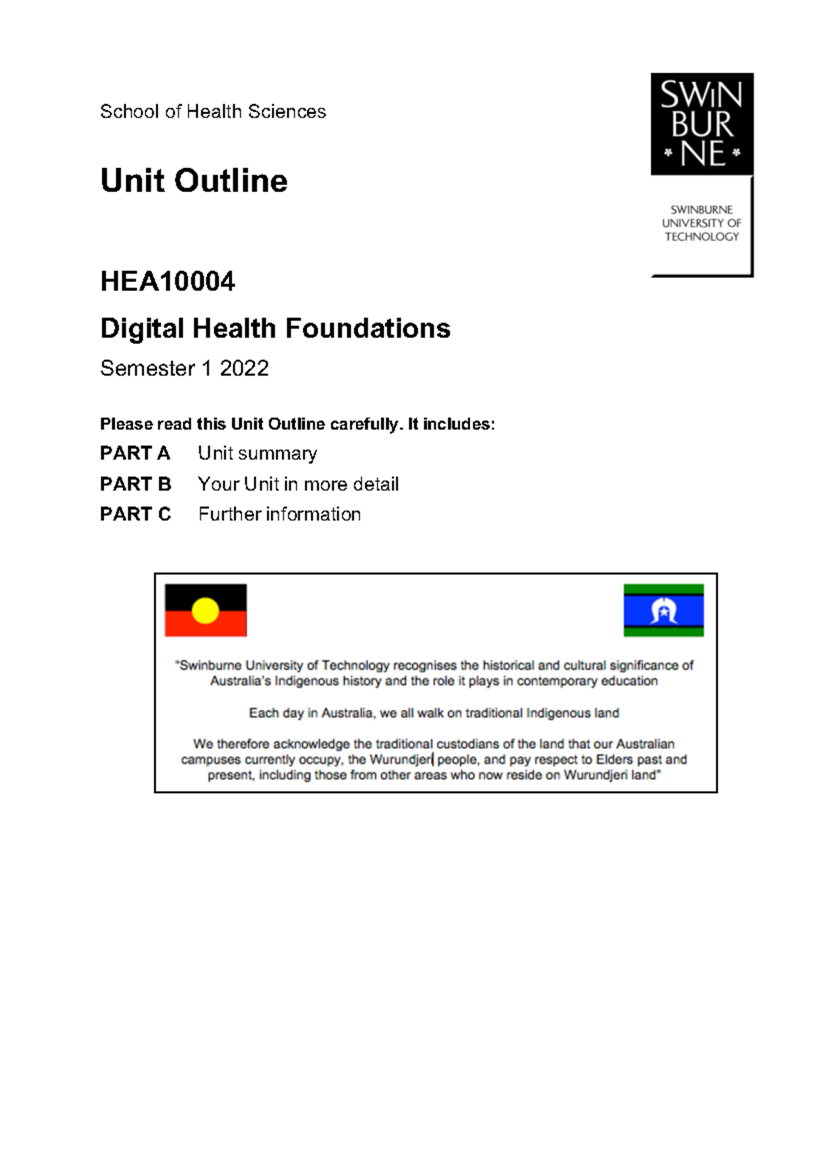 HEA10004 Unit Outline 2022-7 - School of Health Sciences Unit Outline ...