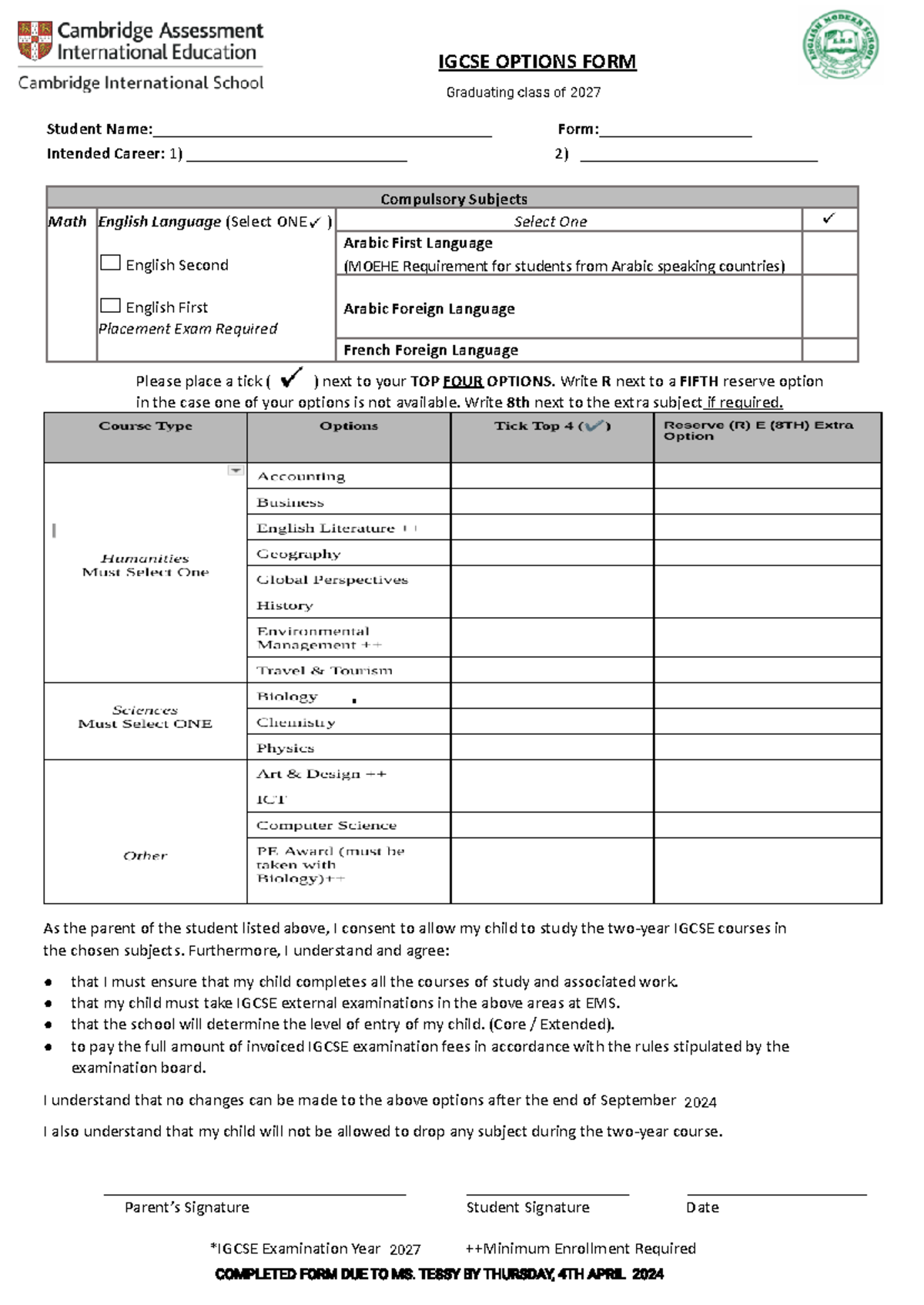 Igcse Options FORM 2024*NEW* - IGCSE OPTIONS FORM Graduating Class of 2026* Student - Studocu