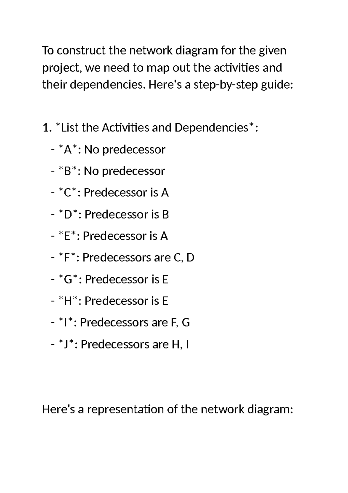 To construct the network diagram for the given project - Here's a step-by-step guide: List the ...