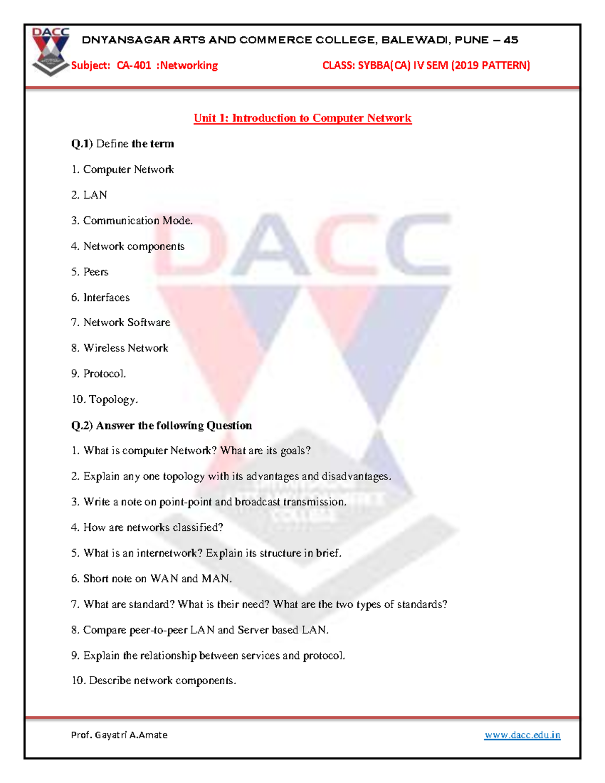 Computer-Networking Imp Question - Subject: CA-401 :Networking CLASS ...