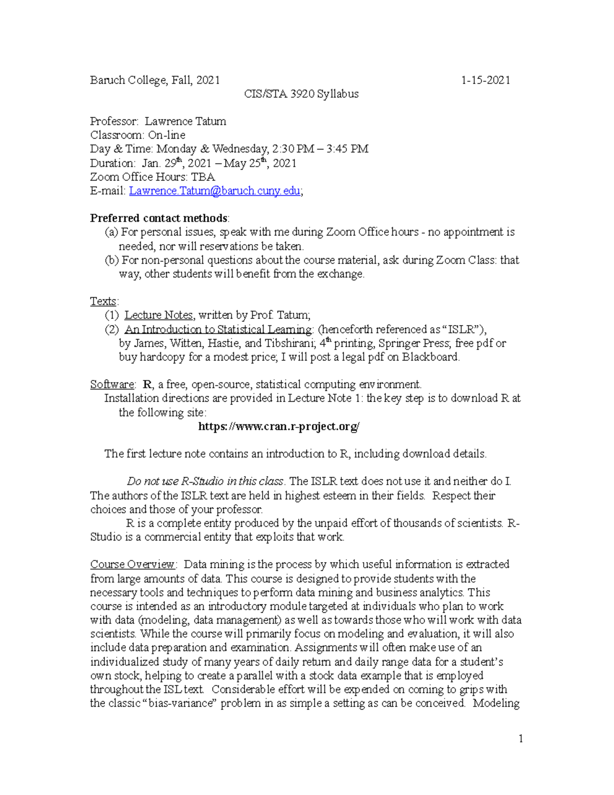CIS-STA 3920 LN0 Syllabus Fall 2021 1-15-21 - Baruch College, Fall ...