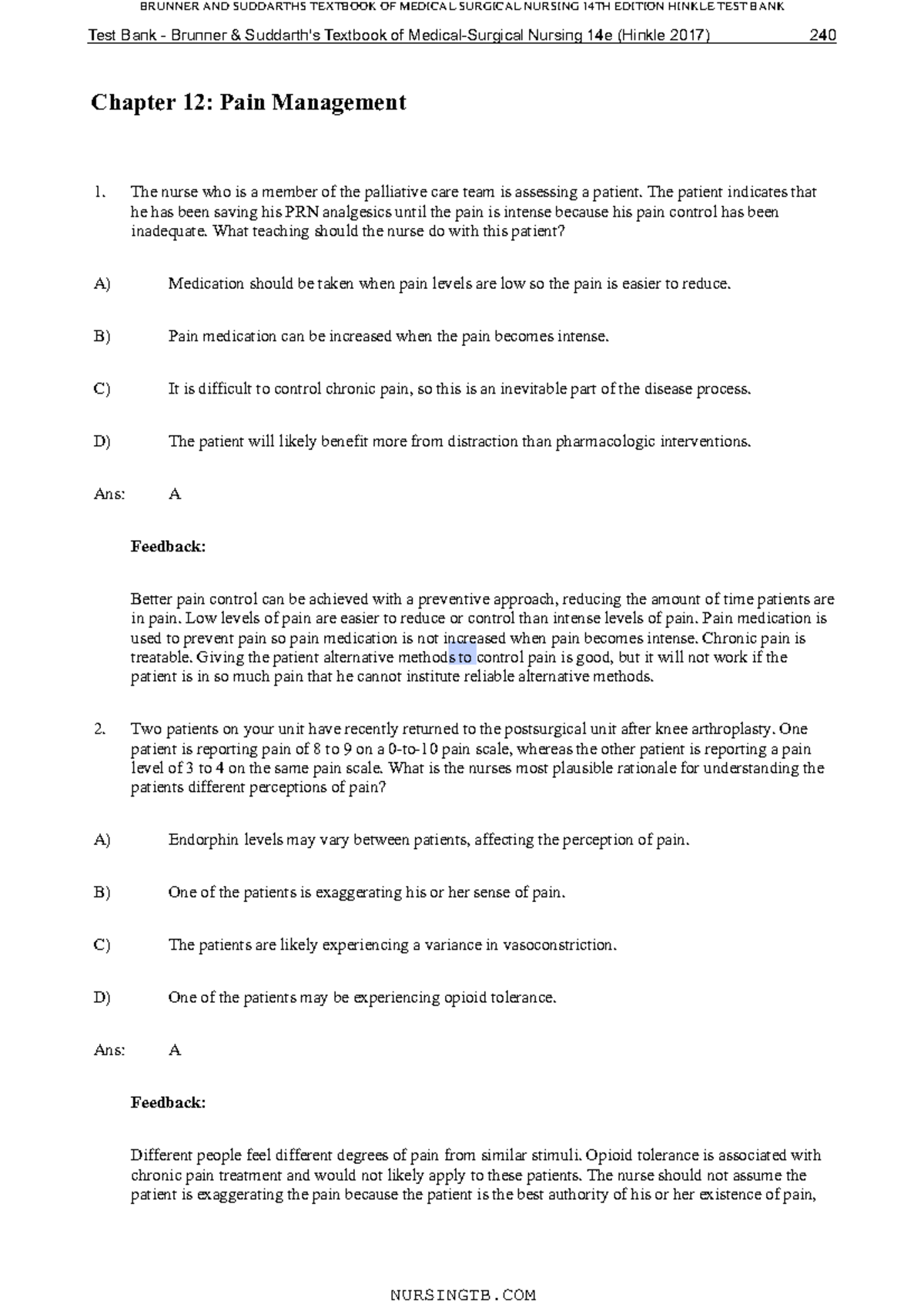 Ch 12 - Notes - Chapter 12: Pain Management The nurse who is a member ...