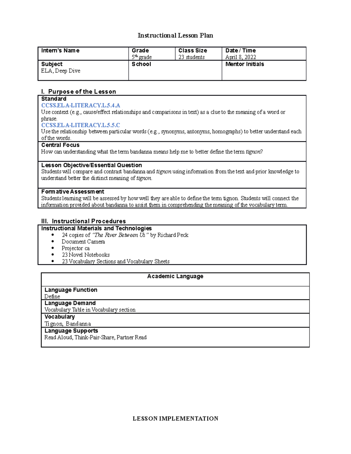 Deep Dive 32 ELA - Instructional Lesson Plan Intern’s Name Grade 5 th ...